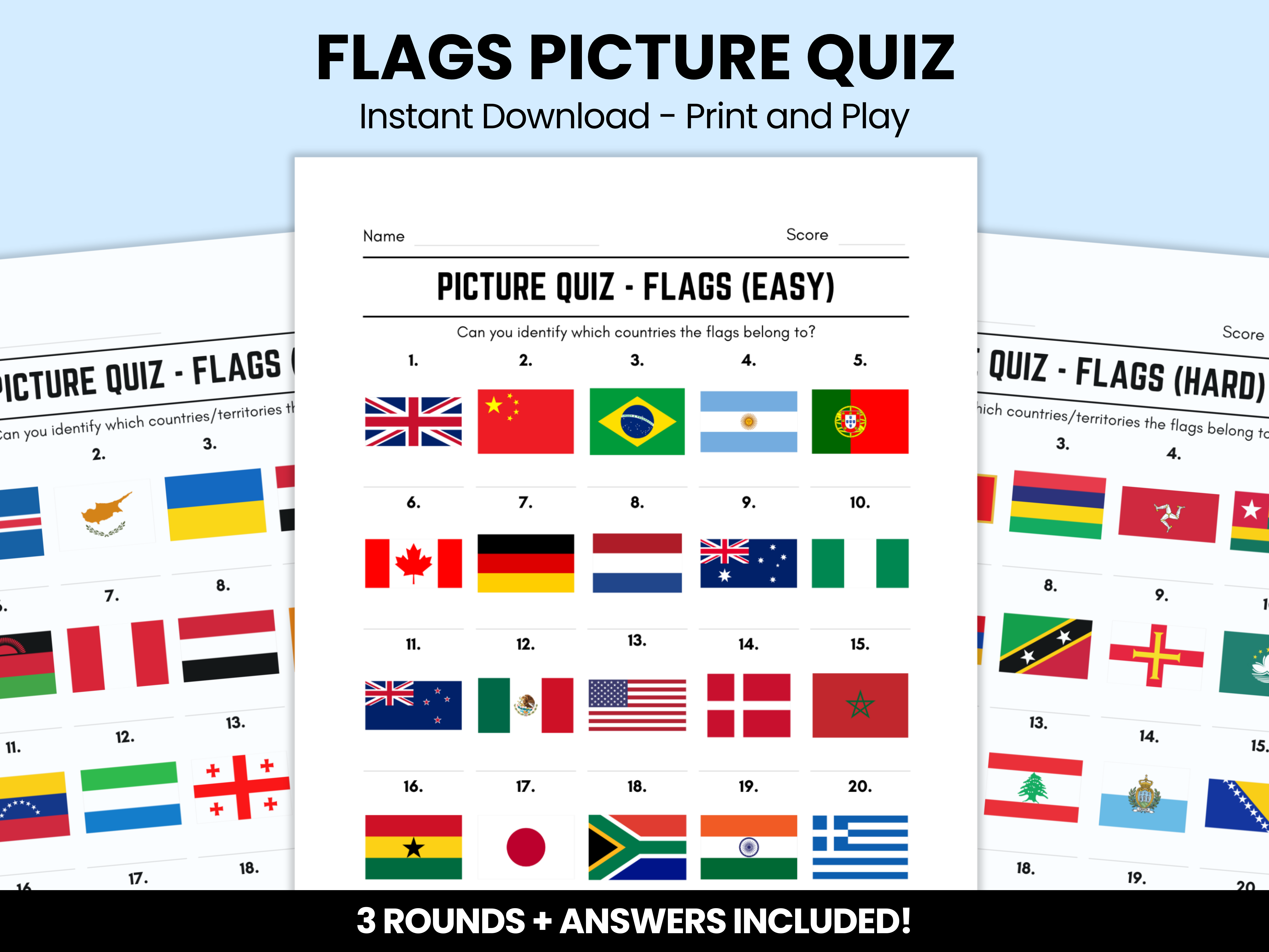 Flags Picture Quiz With Answers – Instant Download