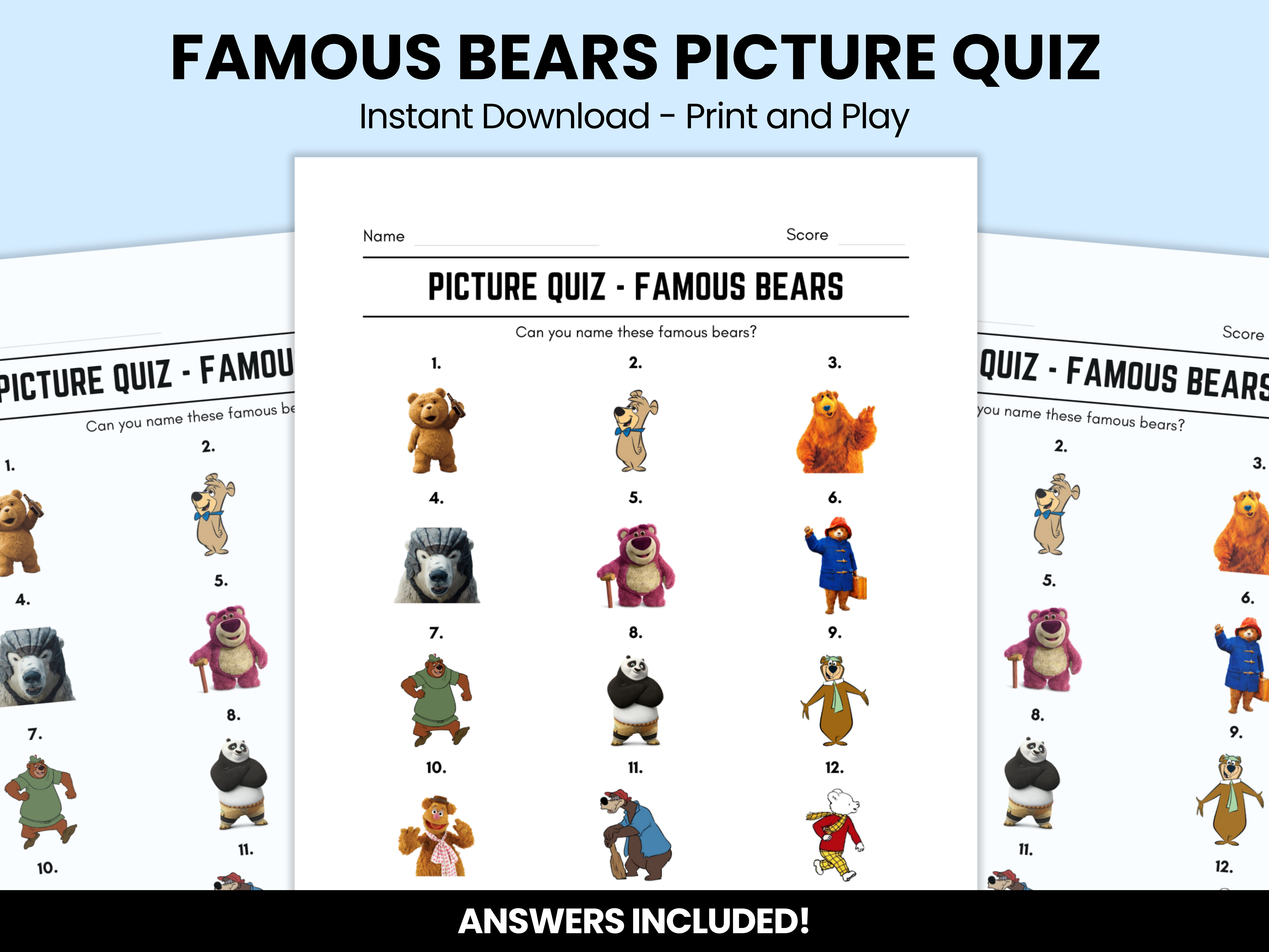 Famous Bears Picture Quiz With Answers – Instant Download