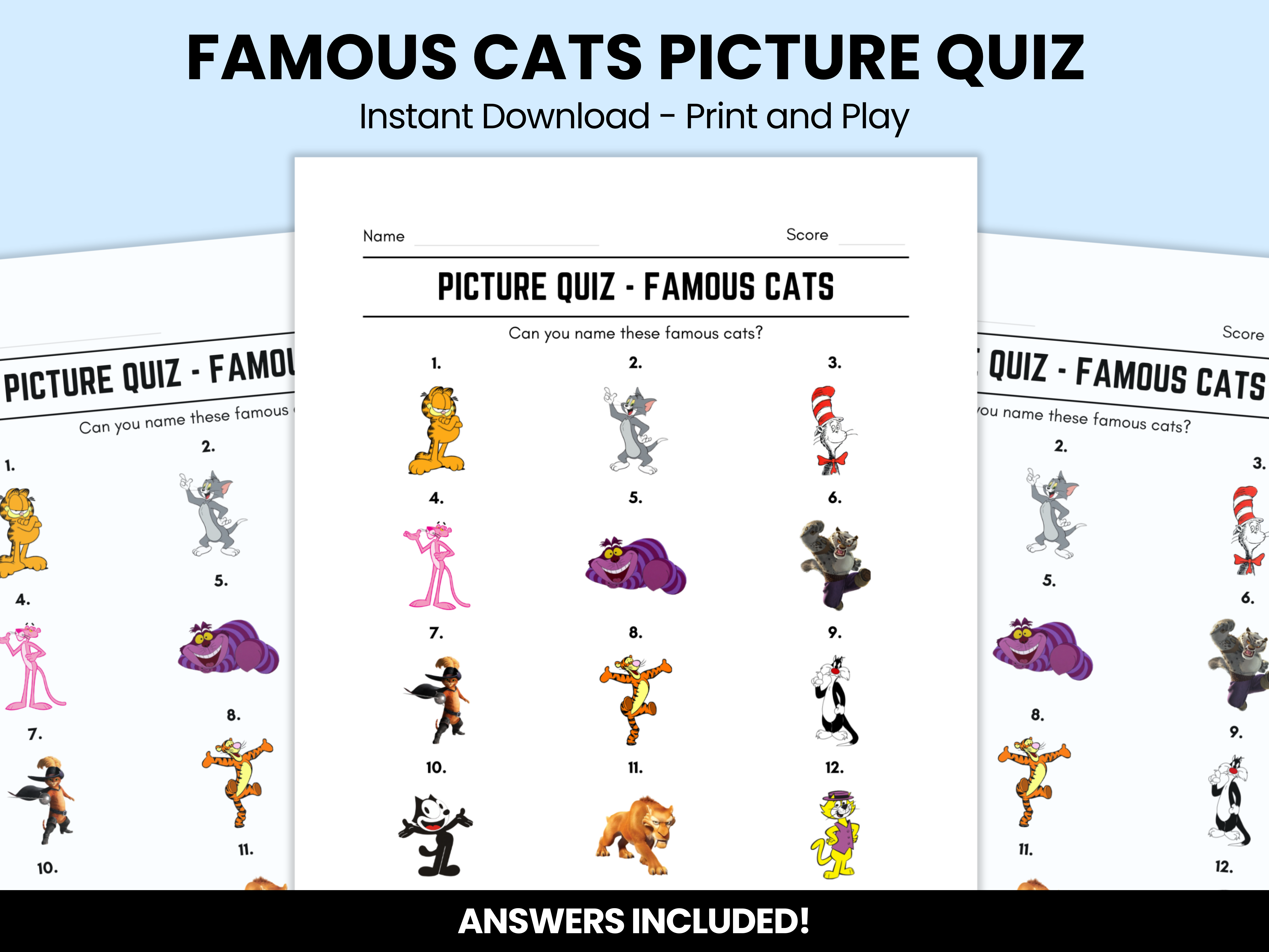 Famous Cats Picture Quiz With Answers – Instant Download