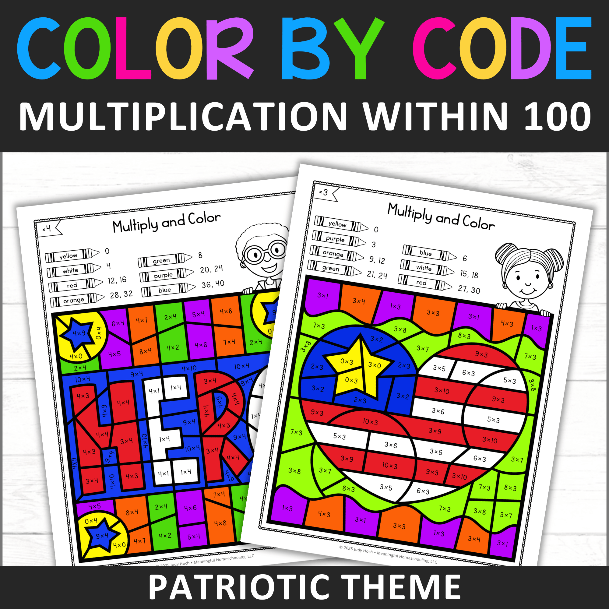 Patriotic Theme Color by Code Multiplication Worksheets