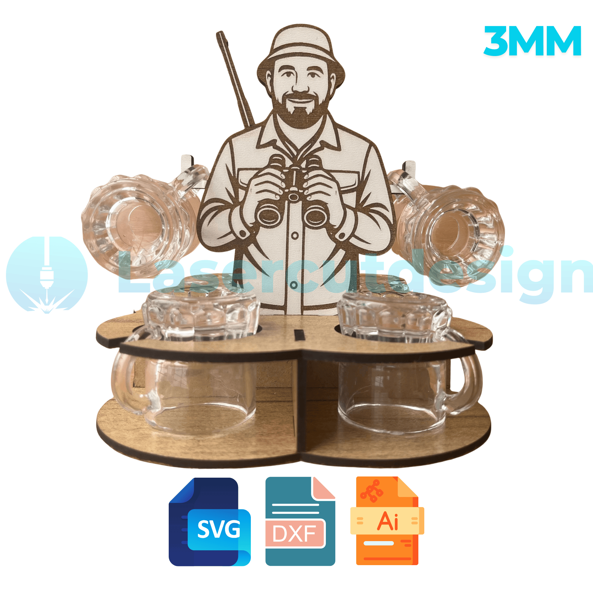 Laser Cut Shot Glass Holder Hunter with Binoculars Wooden Rakija Drink ...