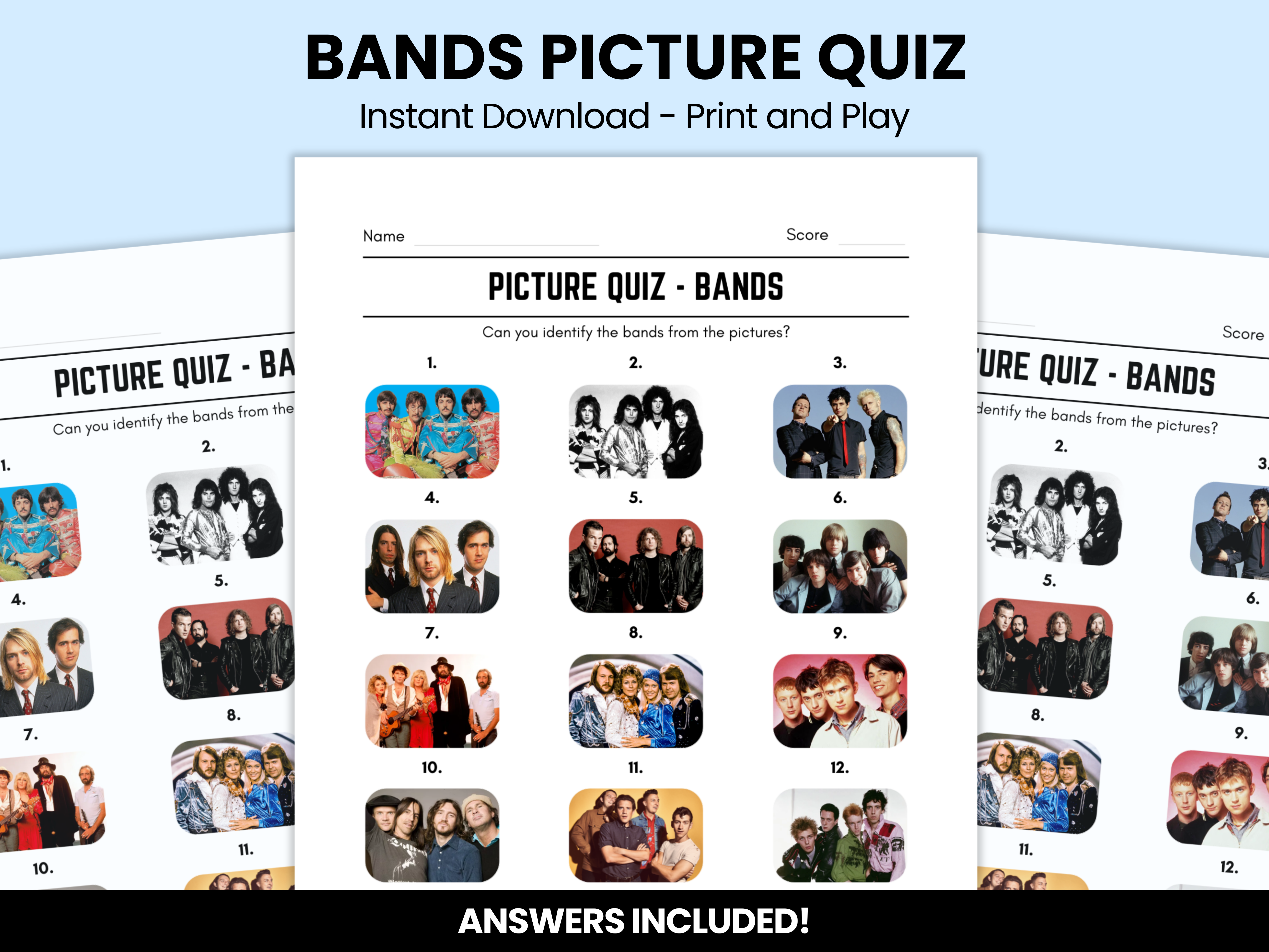 Bands Picture Quiz With Answers – Instant Download