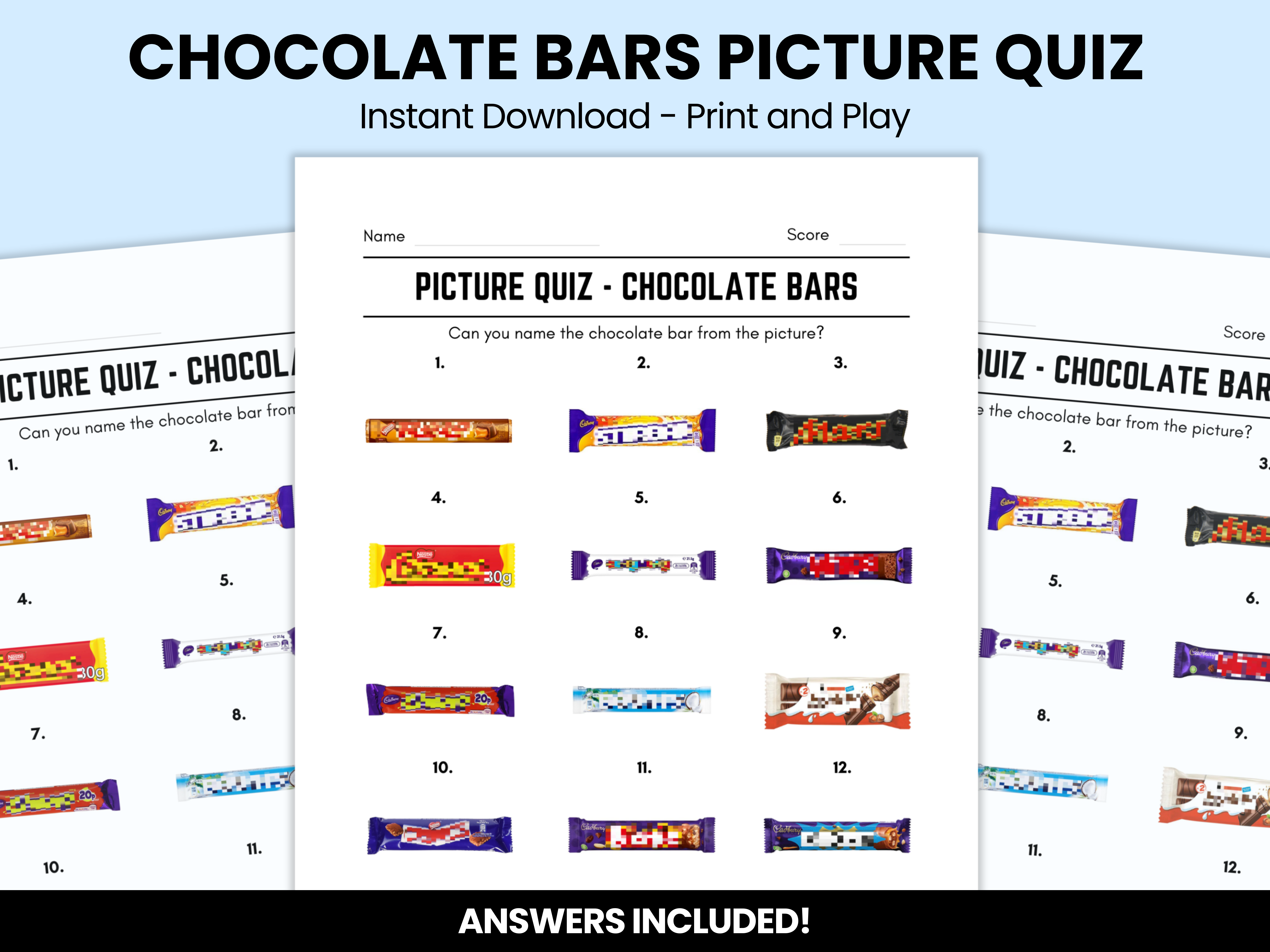 Chocolate Bars Picture Quiz With Answers – Instant Download