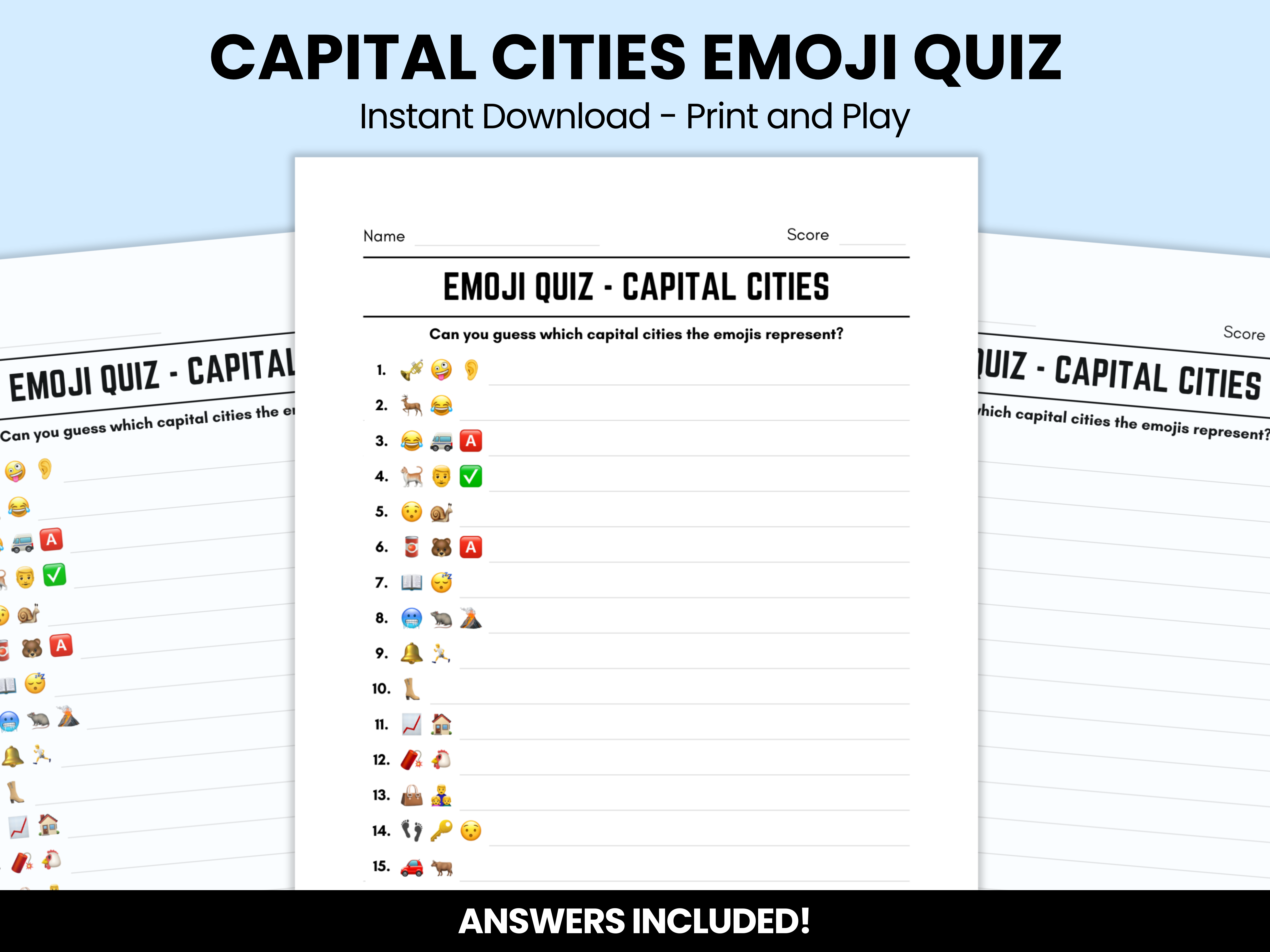 Capital Cities Emoji Quiz With Answers – Instant Download