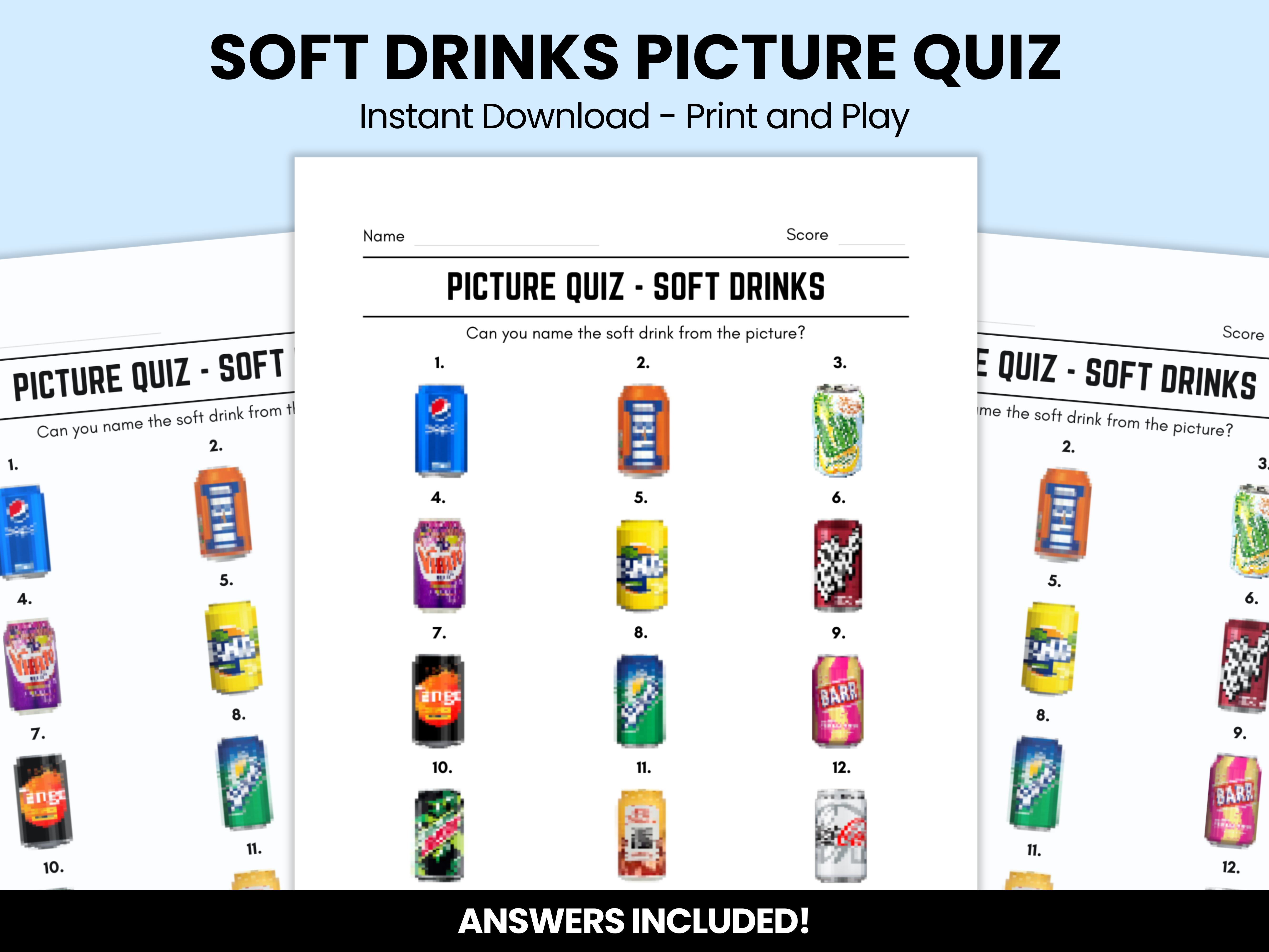 Soft Drinks Picture Quiz With Answers – Instant Download