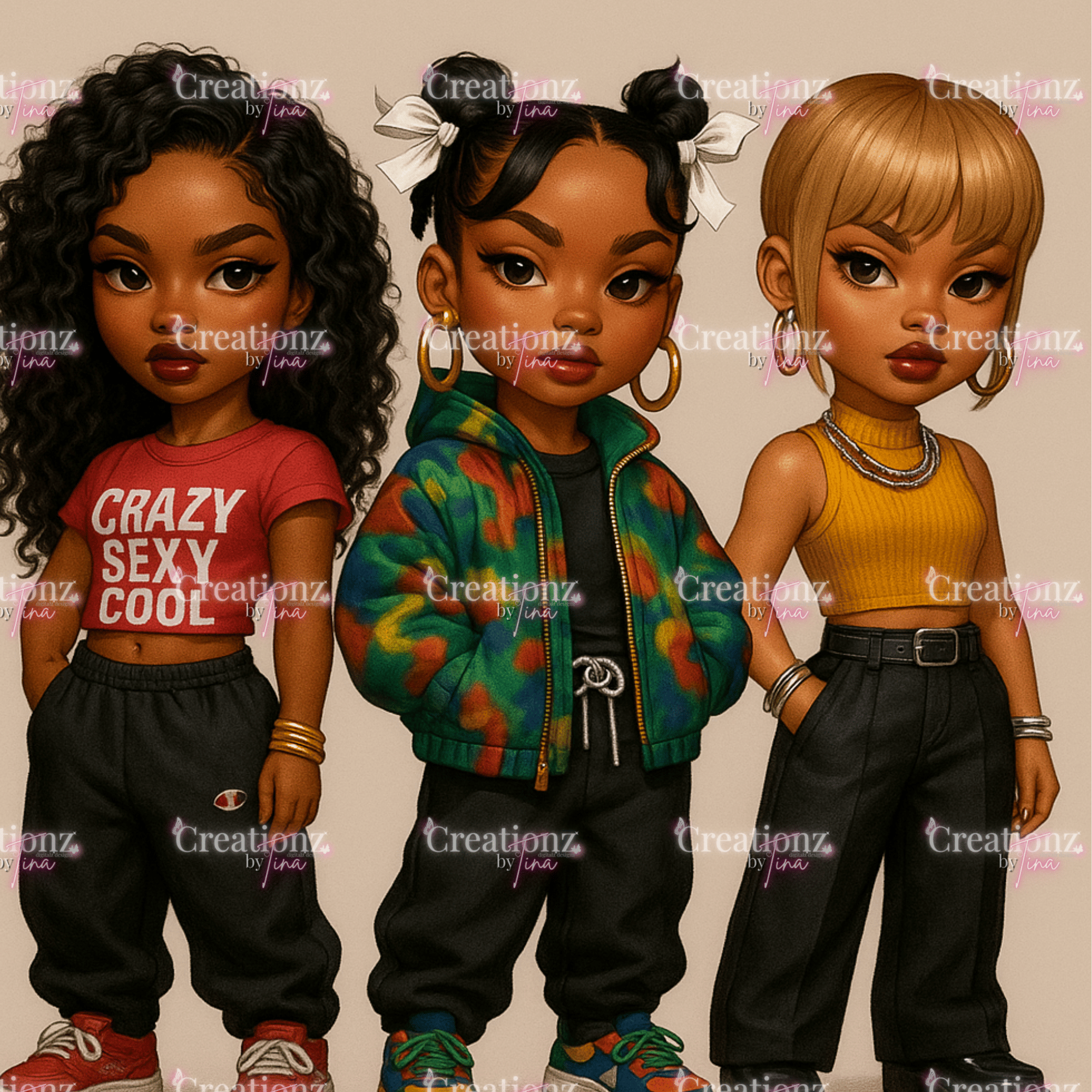 90s Baddie Trio PNG Bundle | TLC Inspired Chibi Black Girl ...