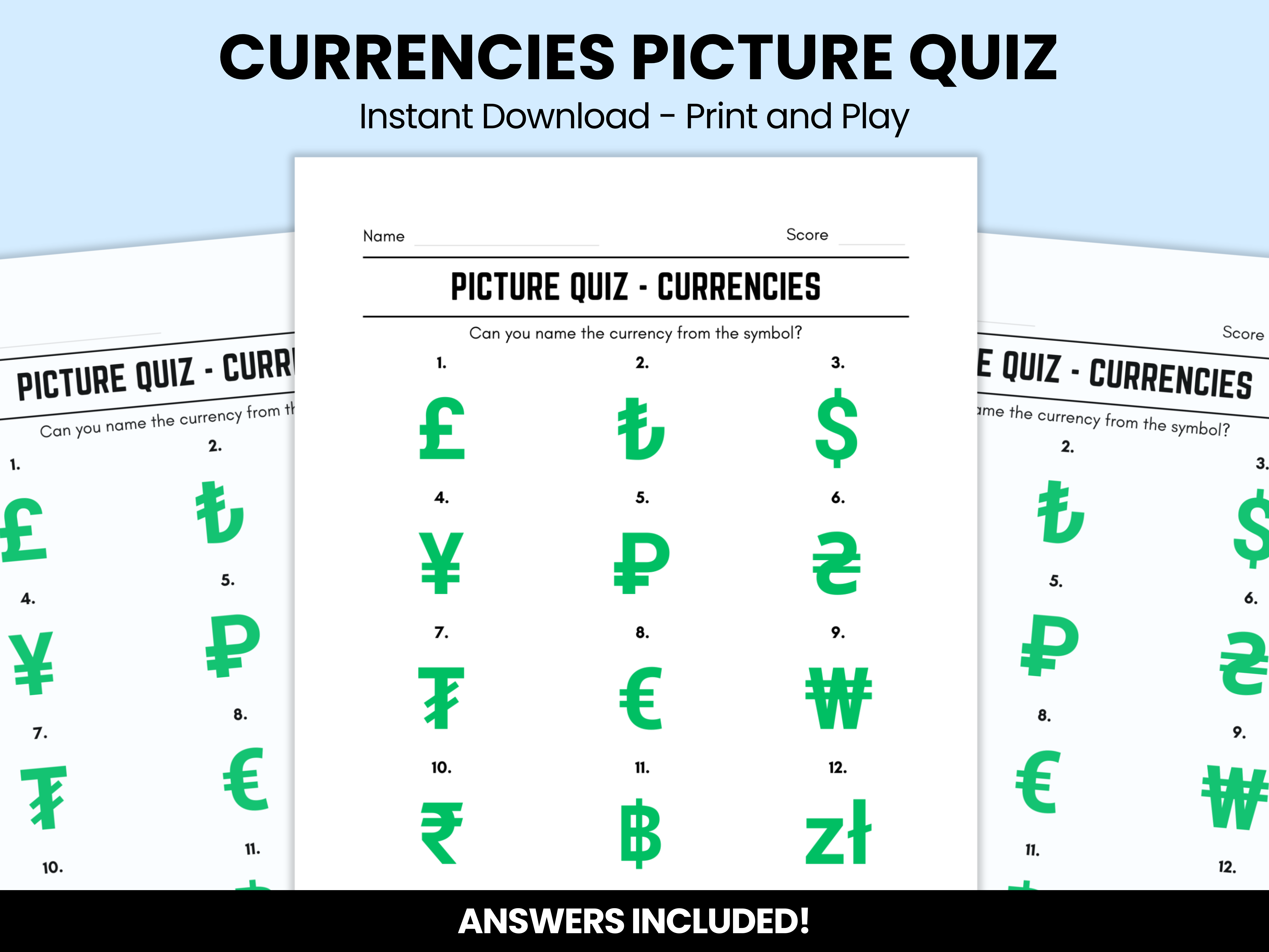 Currencies Picture Quiz With Answers – Instant Download