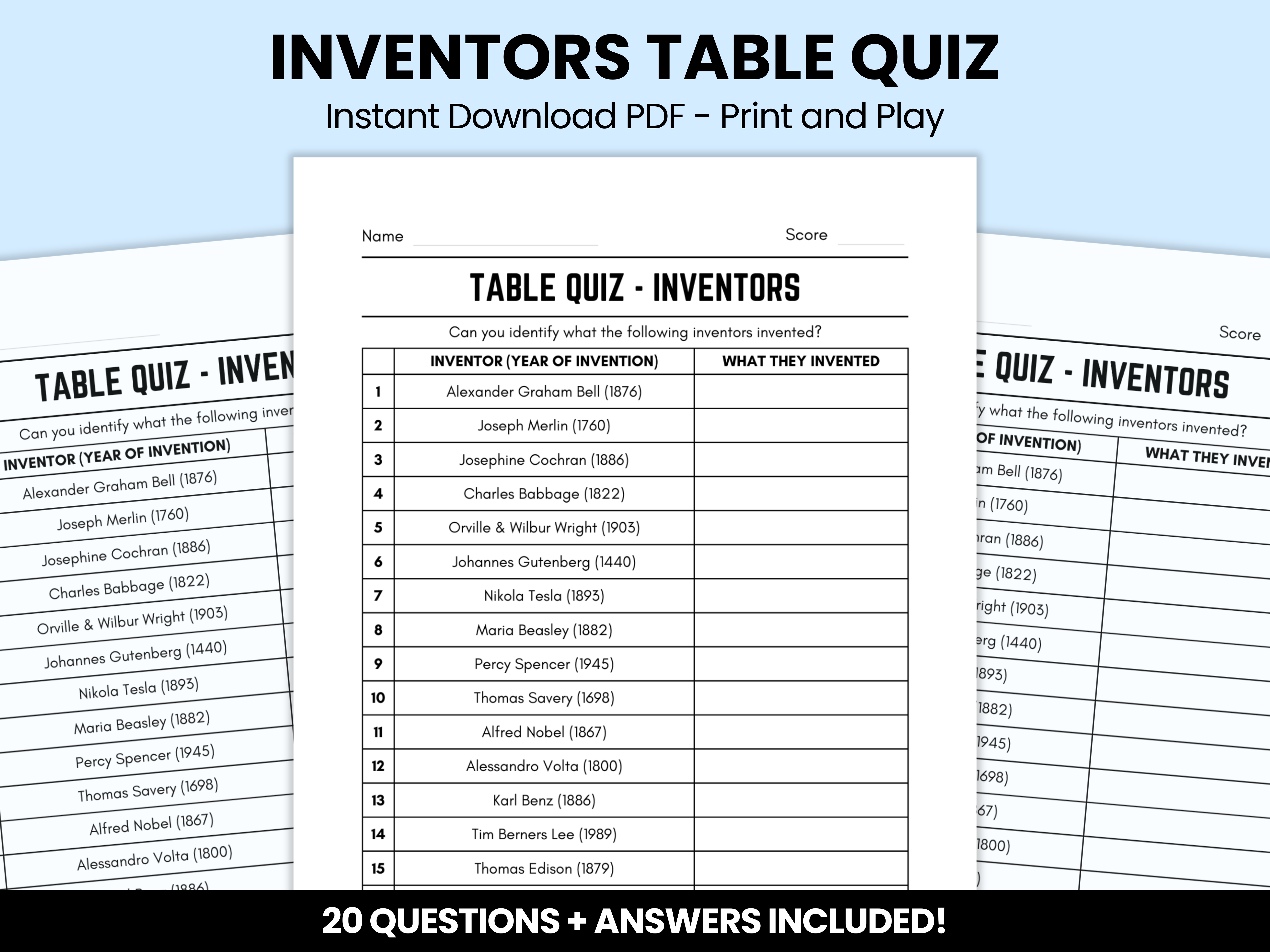 Inventors Table Quiz With Answers – Instant Download