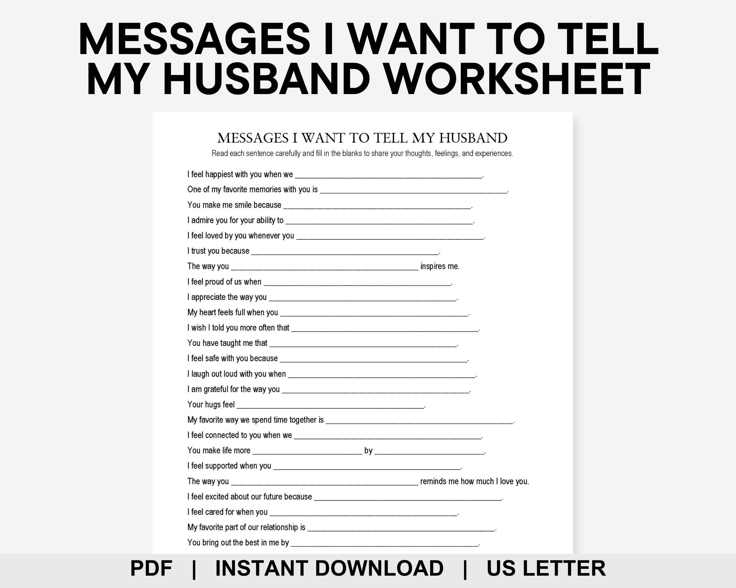 Messages I Want to Tell My Husband Worksheet, Couples Questions ...
