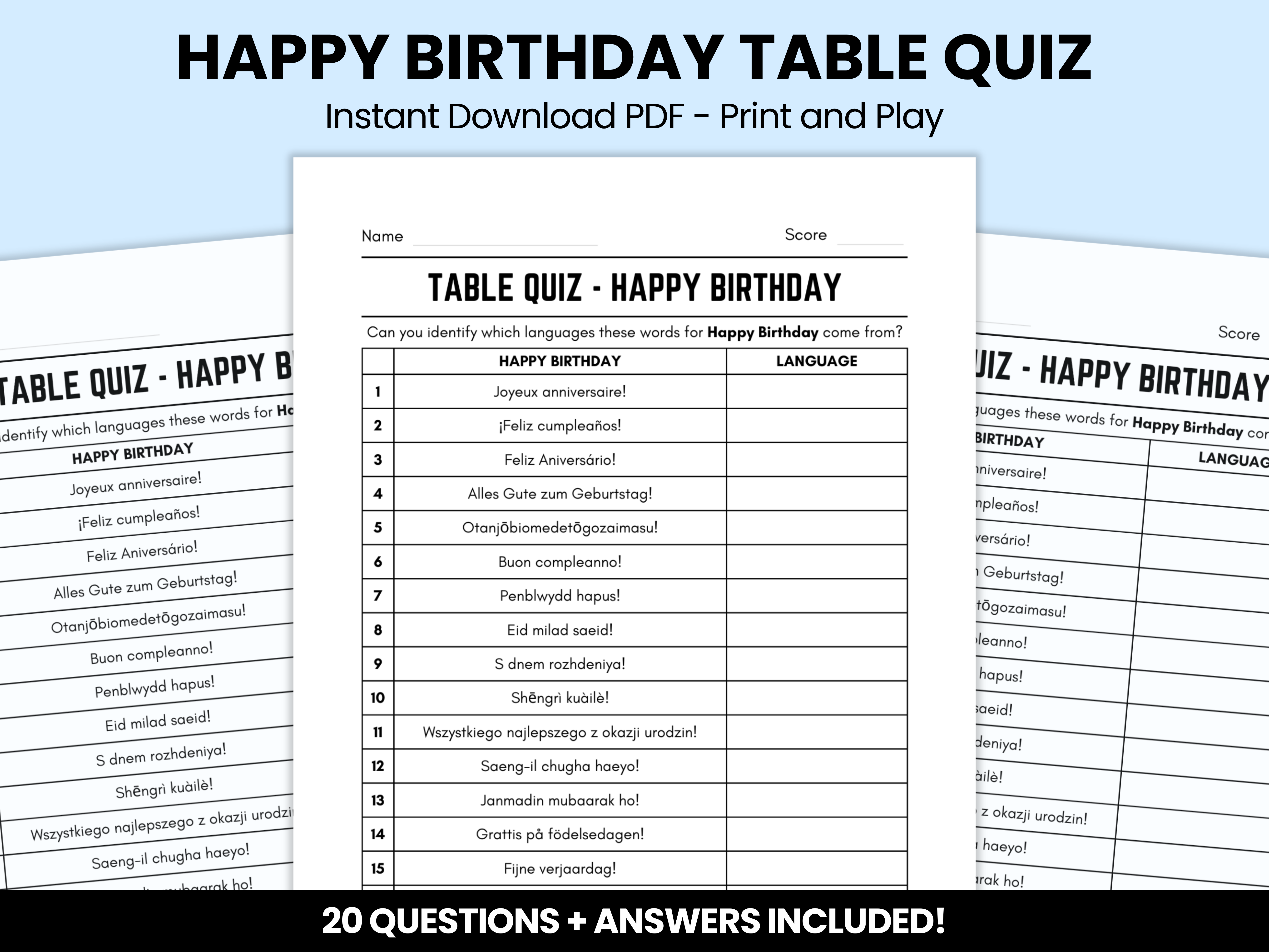 Happy Birthday Table Quiz With Answers – Instant Download