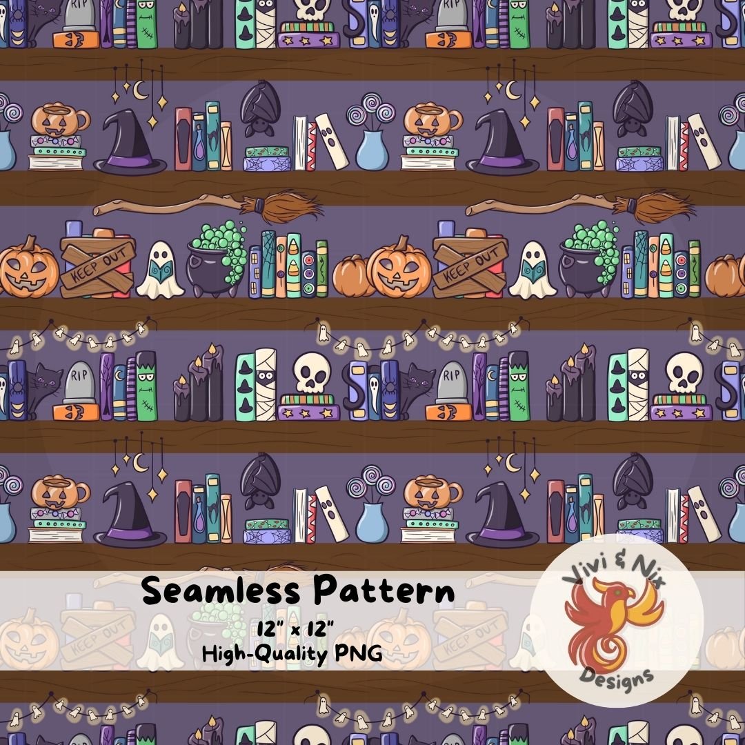 Halloween Bookshelf Seamless Pattern | Spooky Cute Digital PNG ...