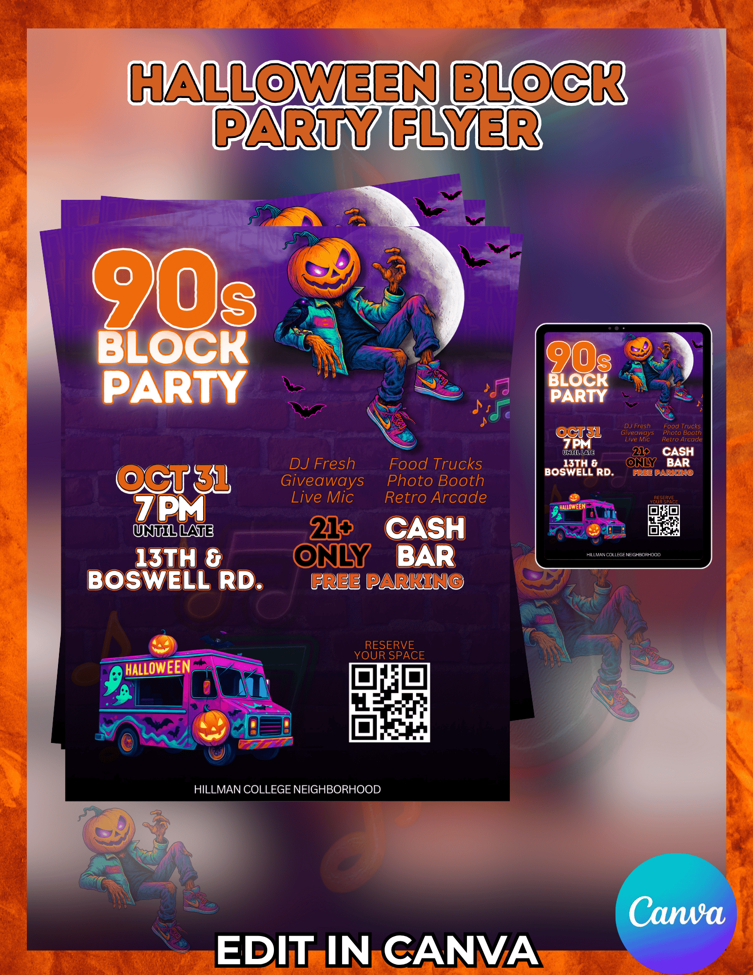 Halloween 90s Block Party Flyer Template (Editable in Canva) - Payhip