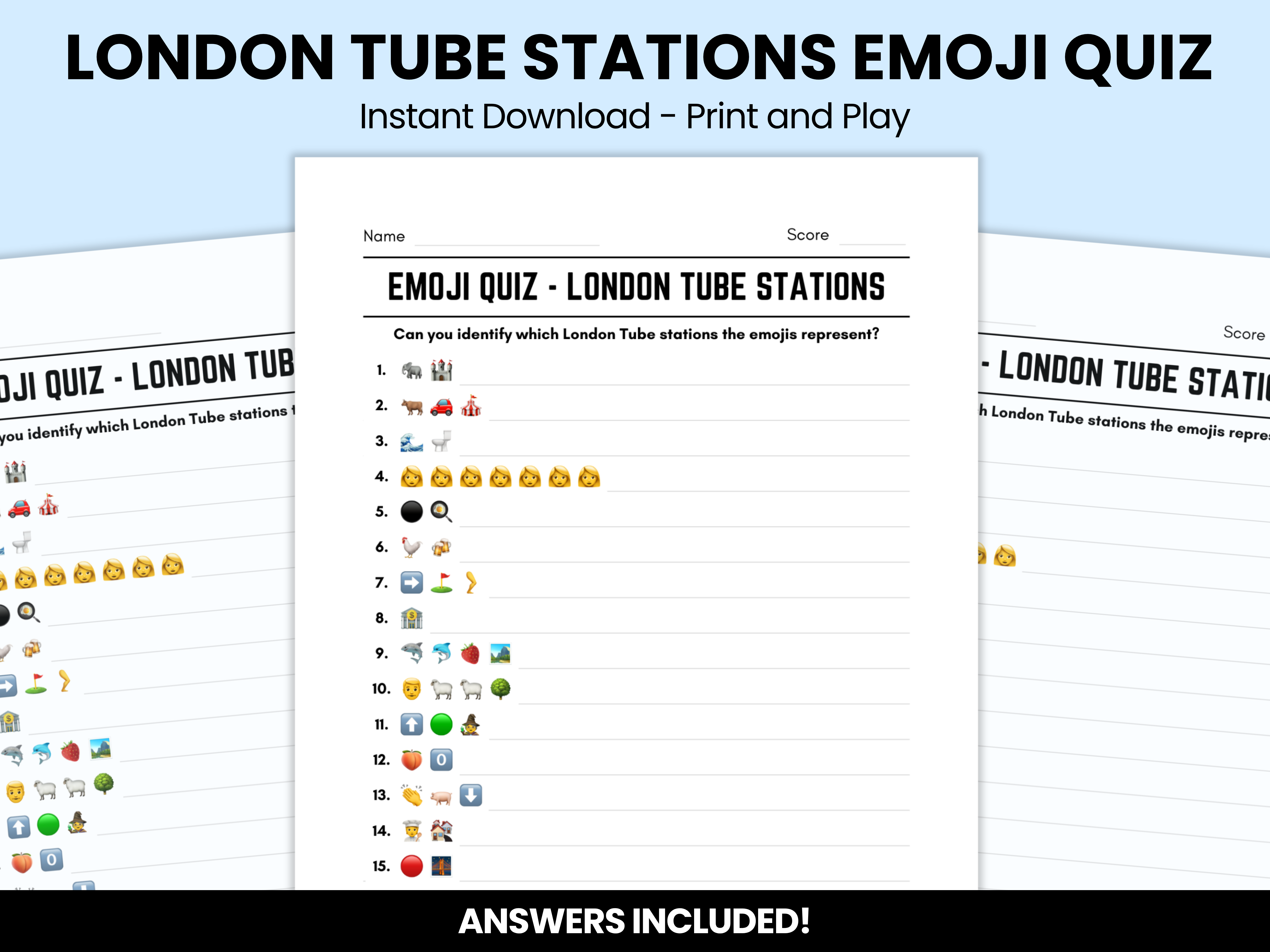 London Tube Stations Emoji Quiz With Answers – Instant Download