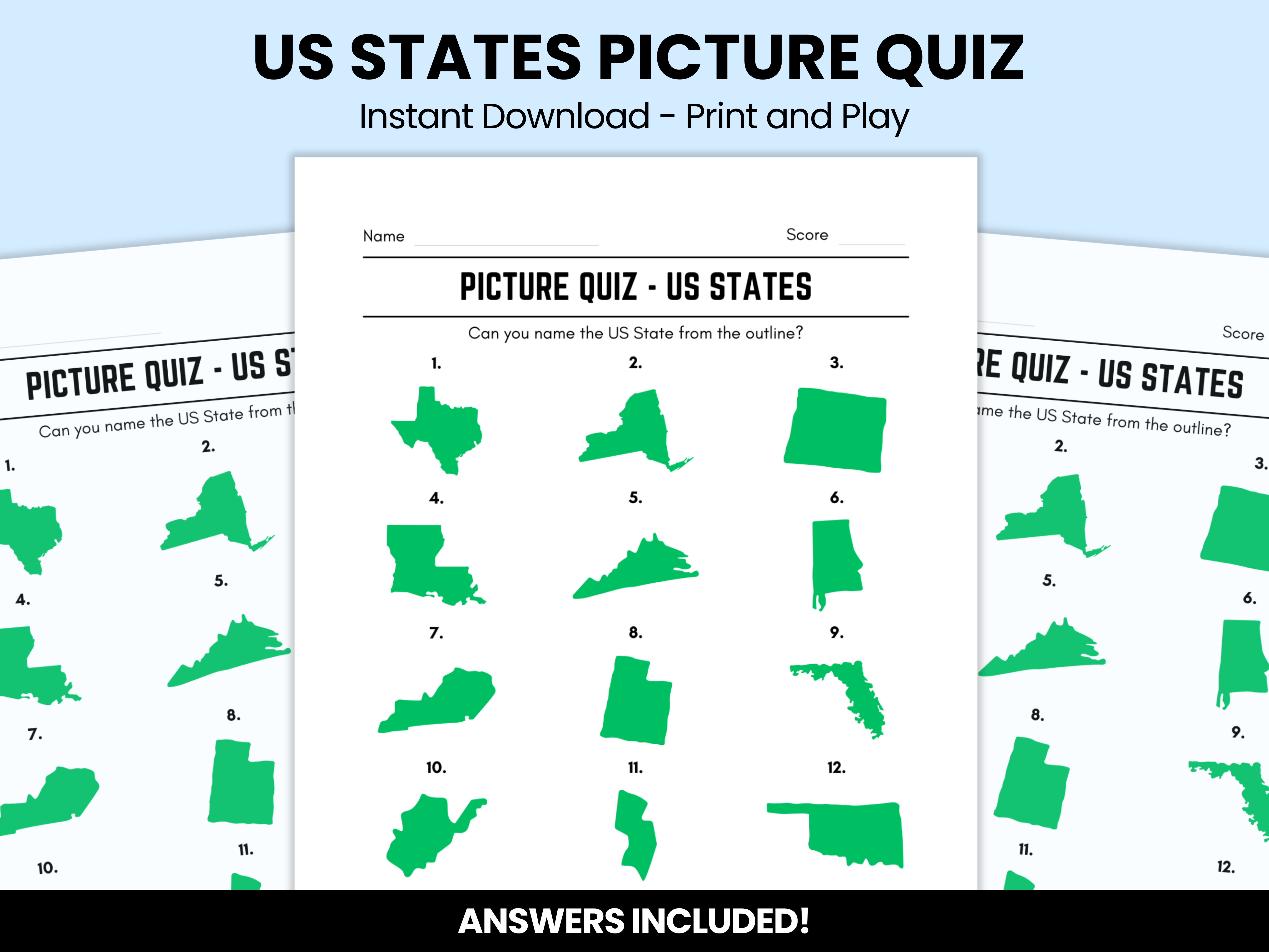 US States Picture Quiz With Answers – Instant Download