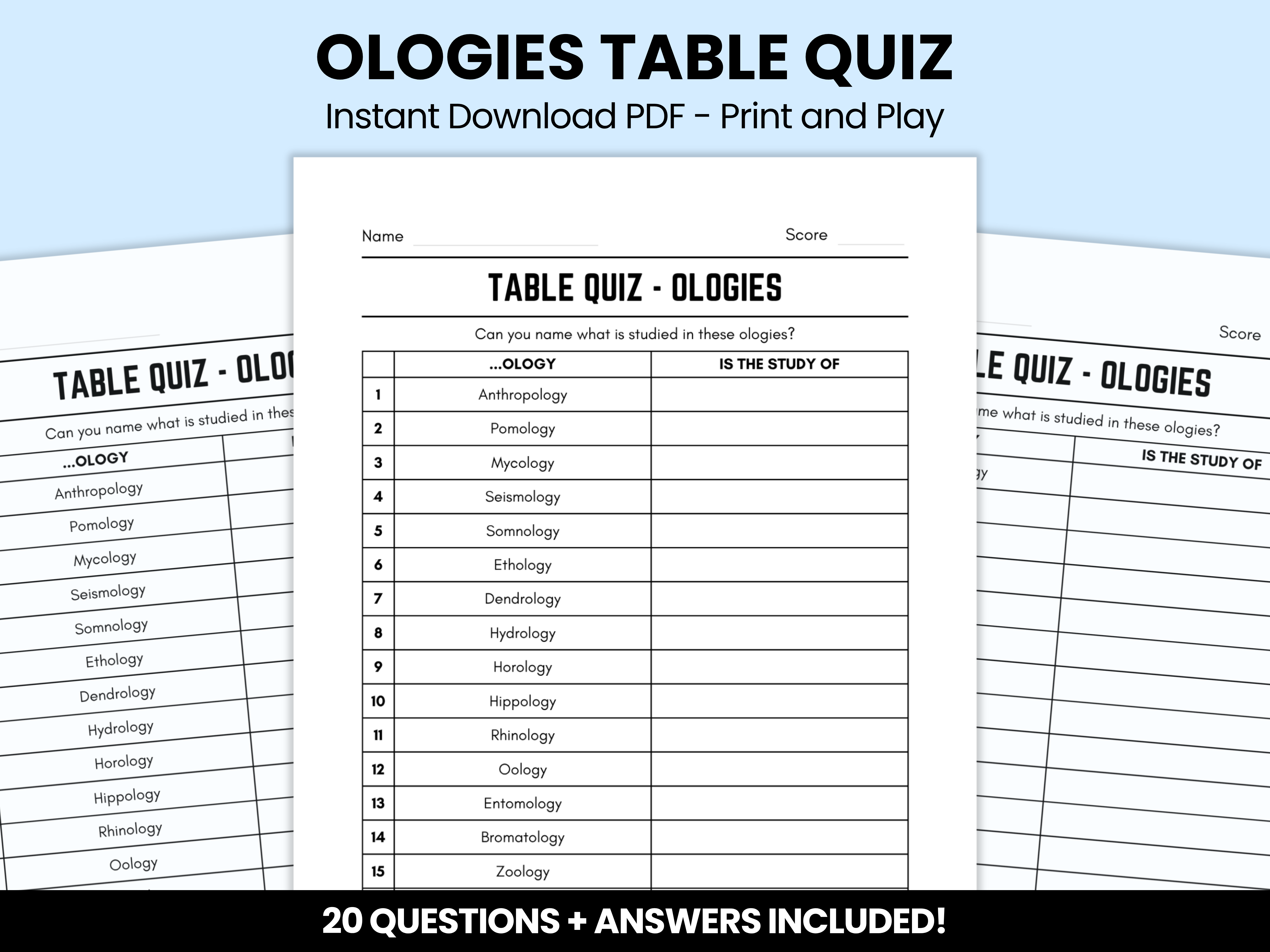 Ologies Table Quiz With Answers – Instant Download