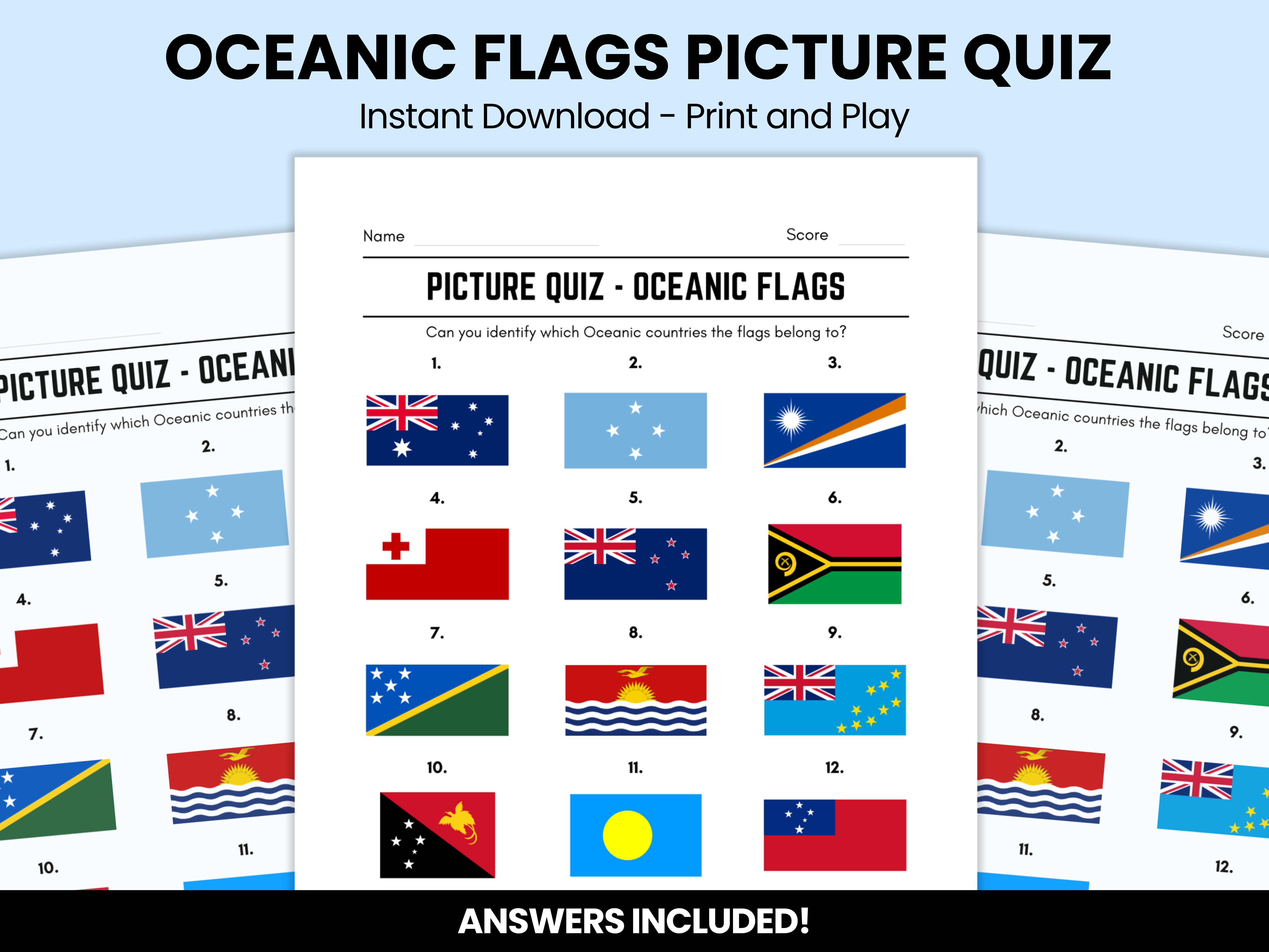 Oceanic Flags Picture Quiz With Answers – Instant Download