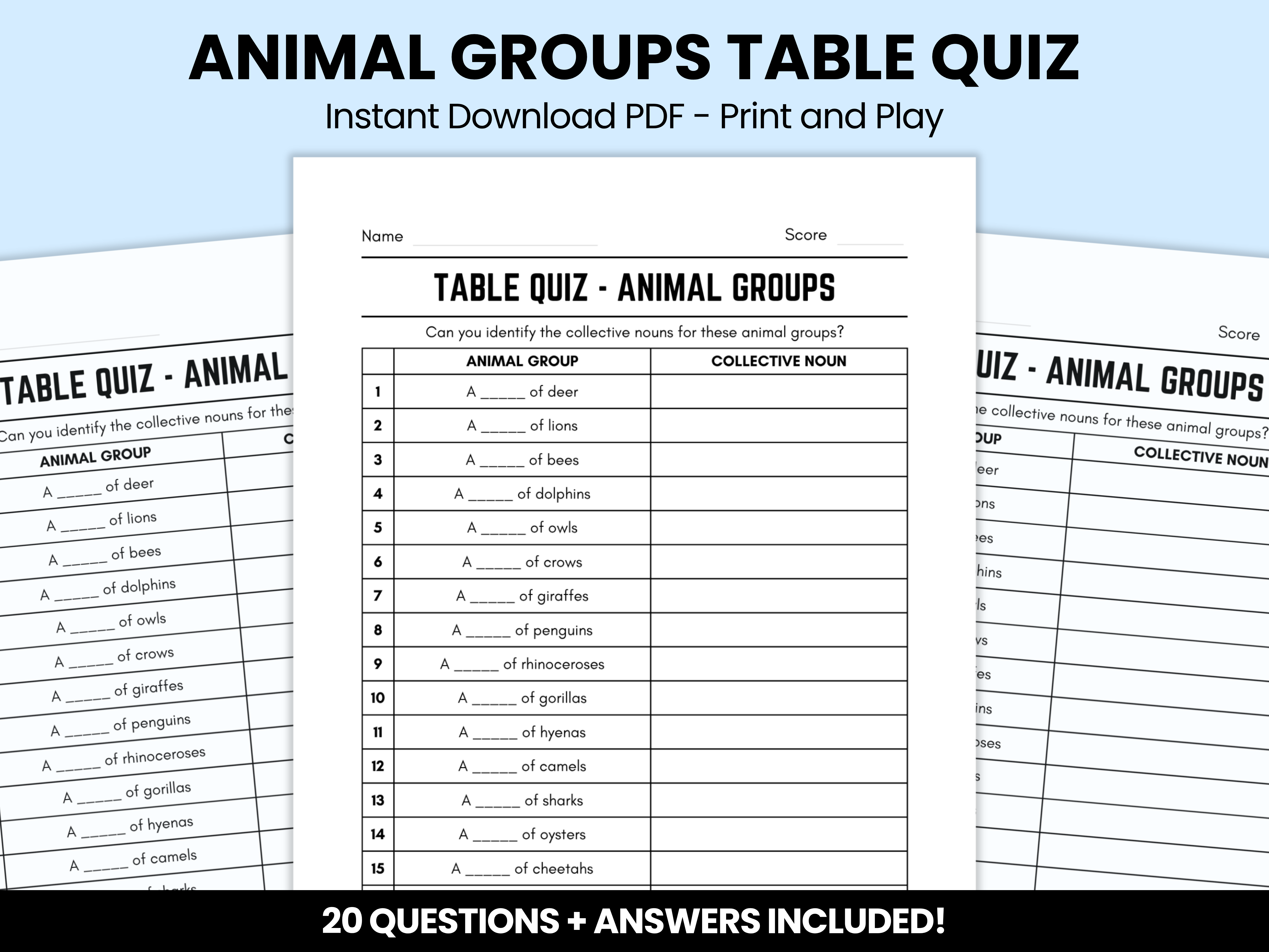 Animal Groups Table Quiz With Answers – Instant Download