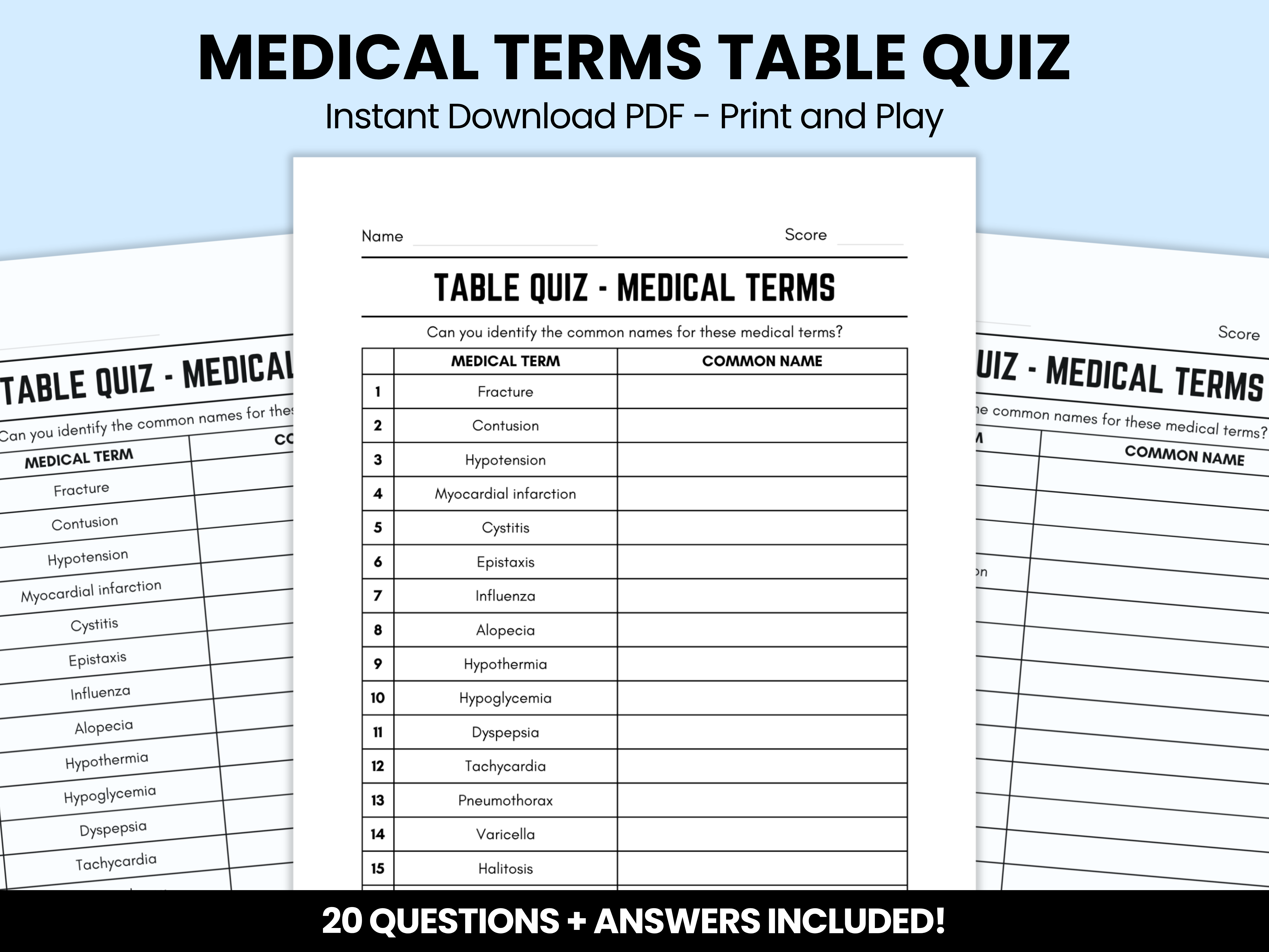 Medical Terms Table Quiz With Answers – Instant Download