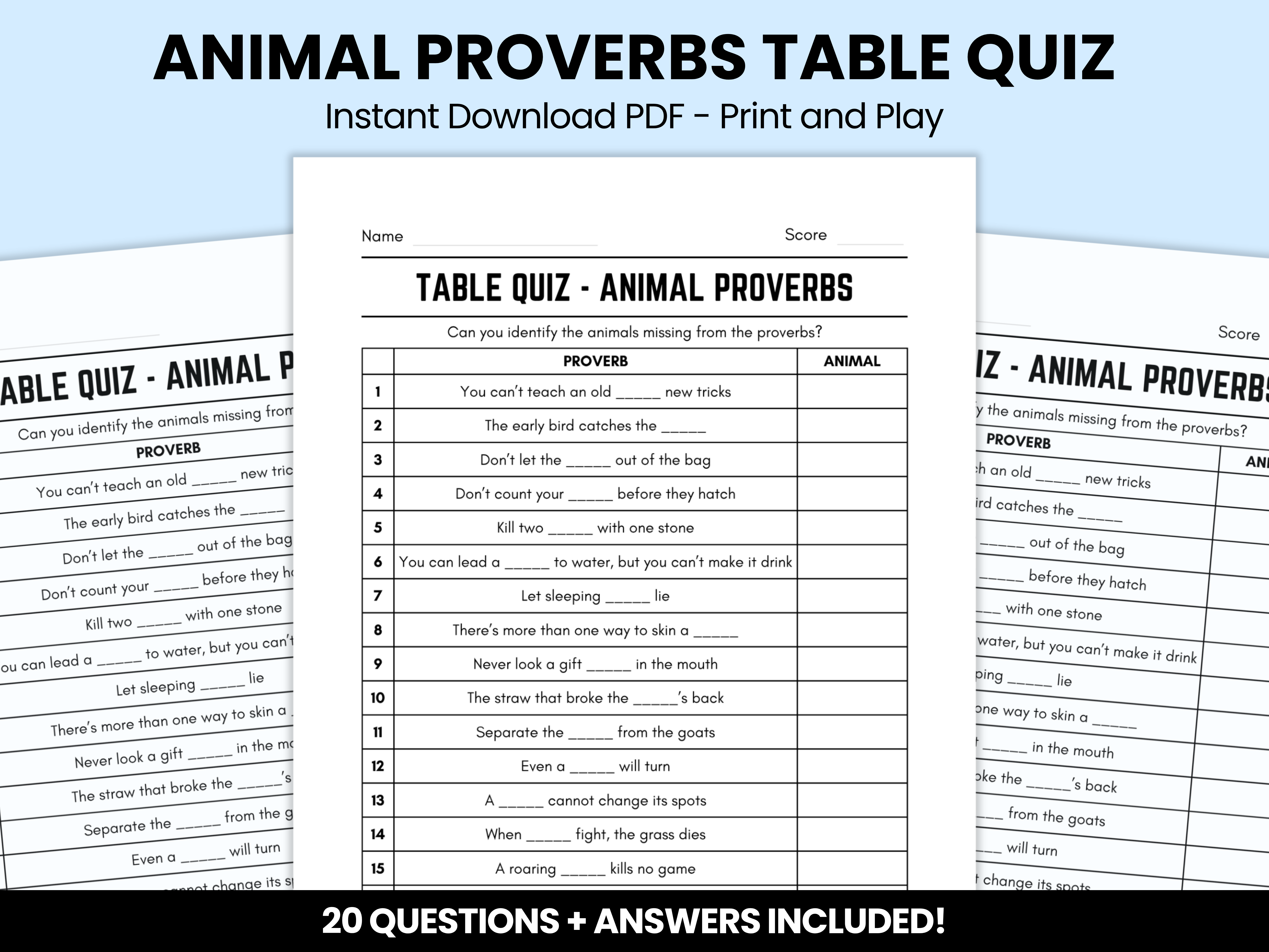 Animal Proverbs Table Quiz With Answers – Instant Download