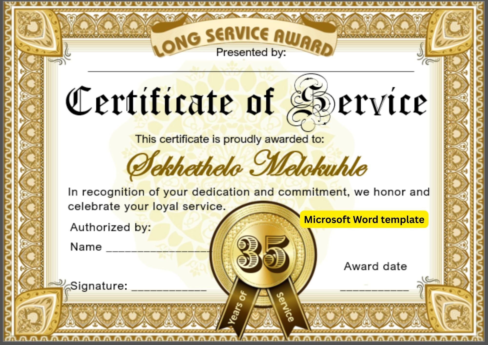 35 years of service | Editable Microsoft word certificate template G6 ...