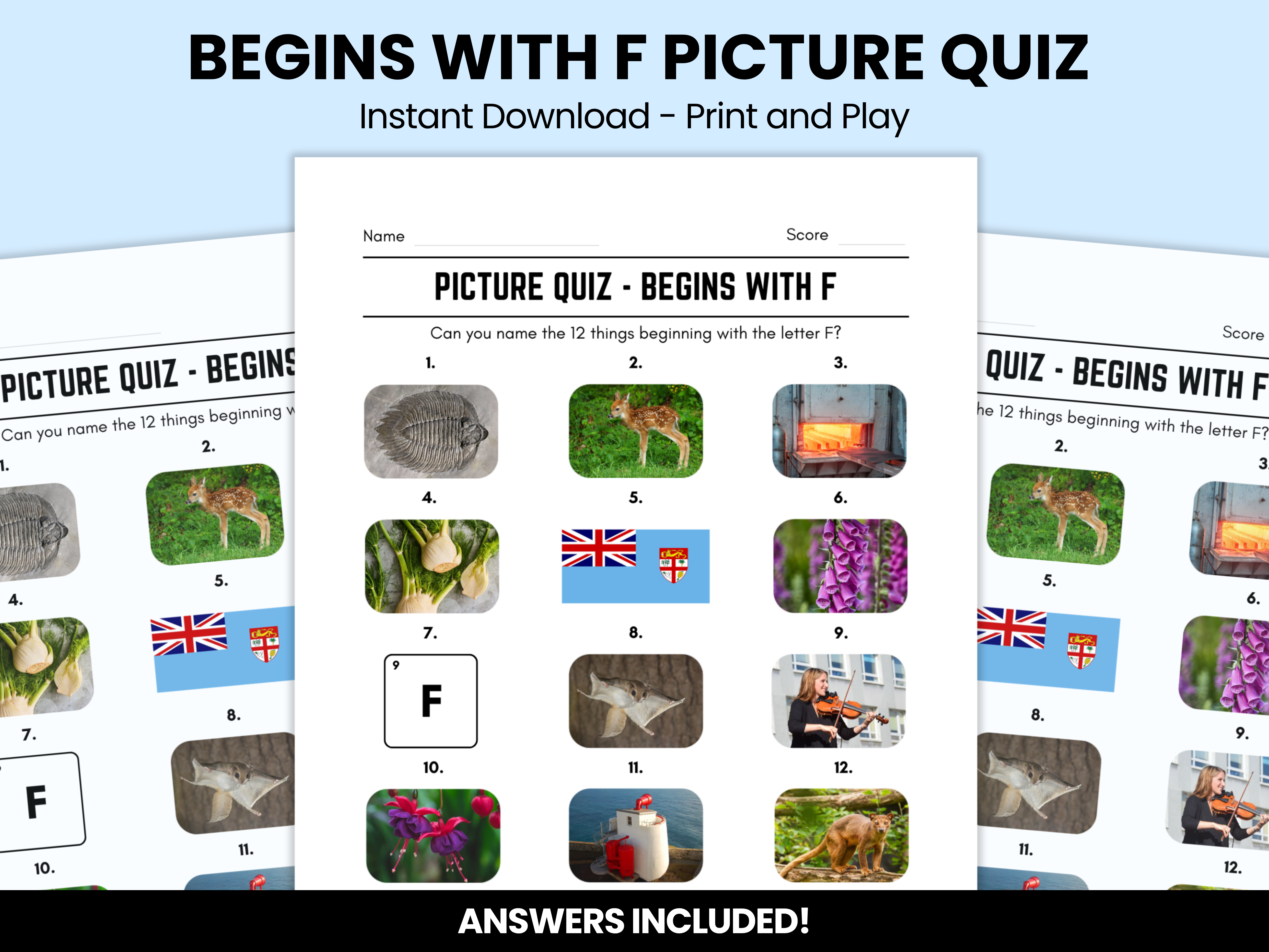 Begins With F Picture Quiz With Answers – Instant Download