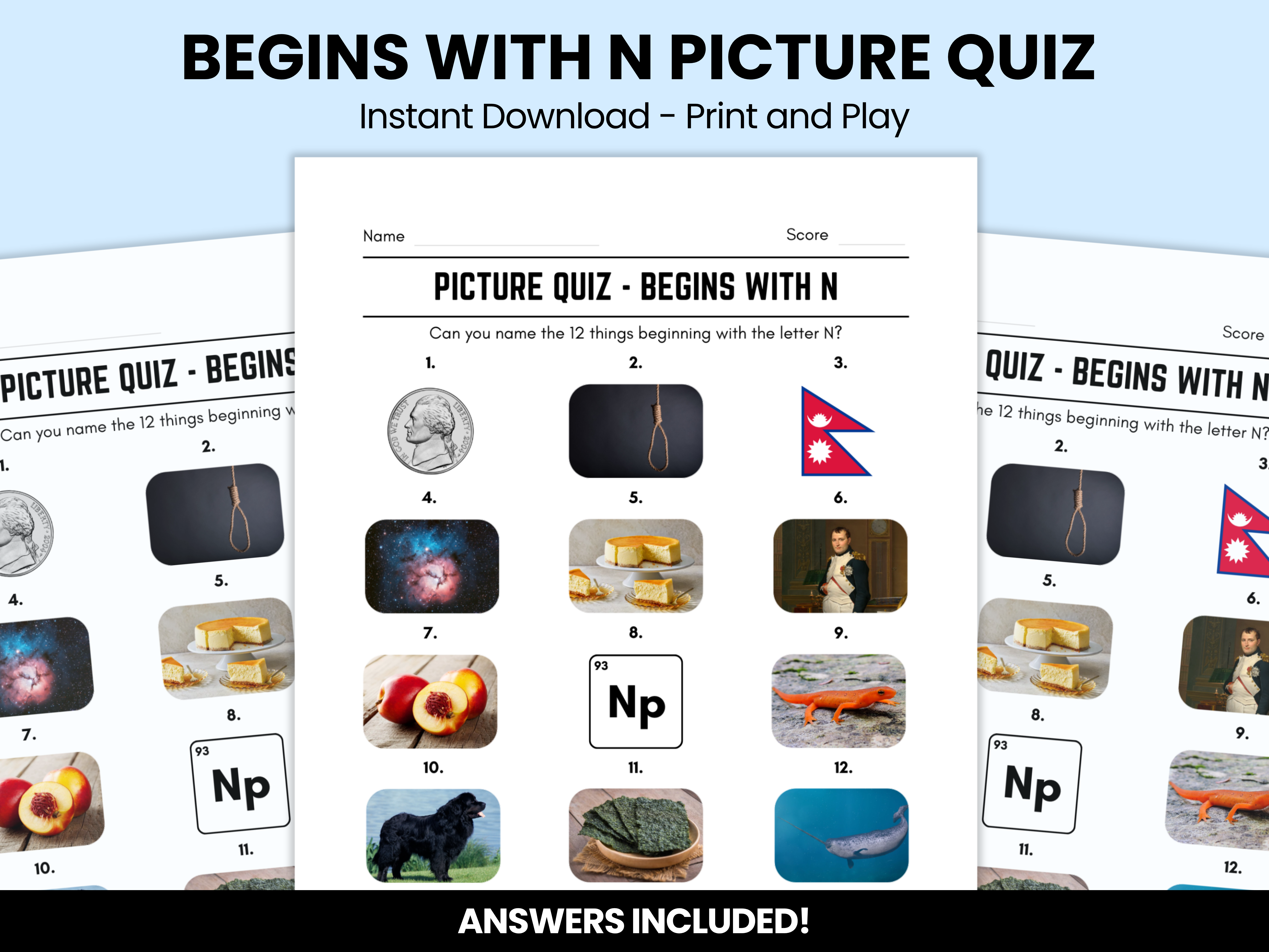 Begins With N Picture Quiz With Answers – Instant Download