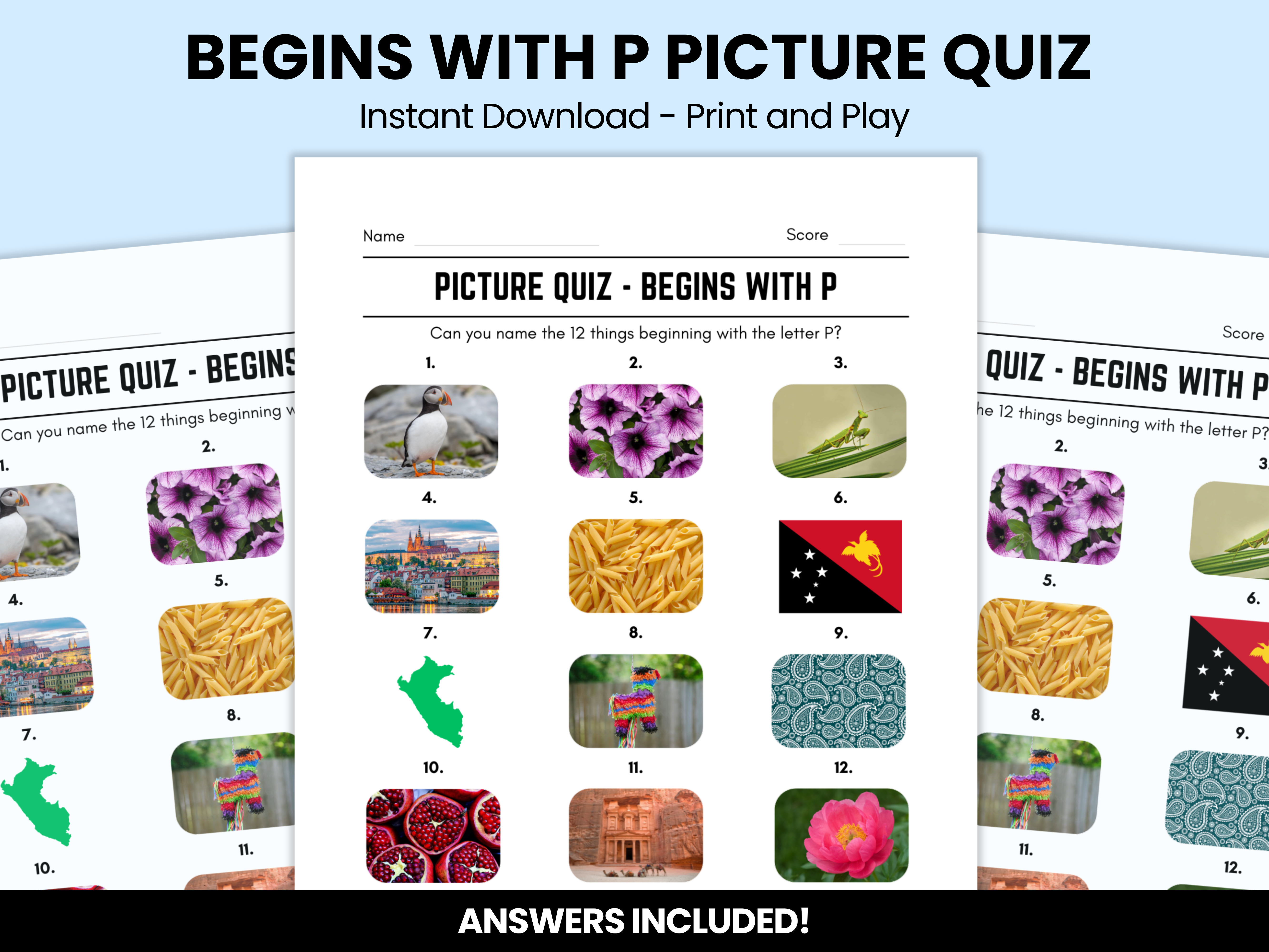 Begins With P Picture Quiz With Answers – Instant Download