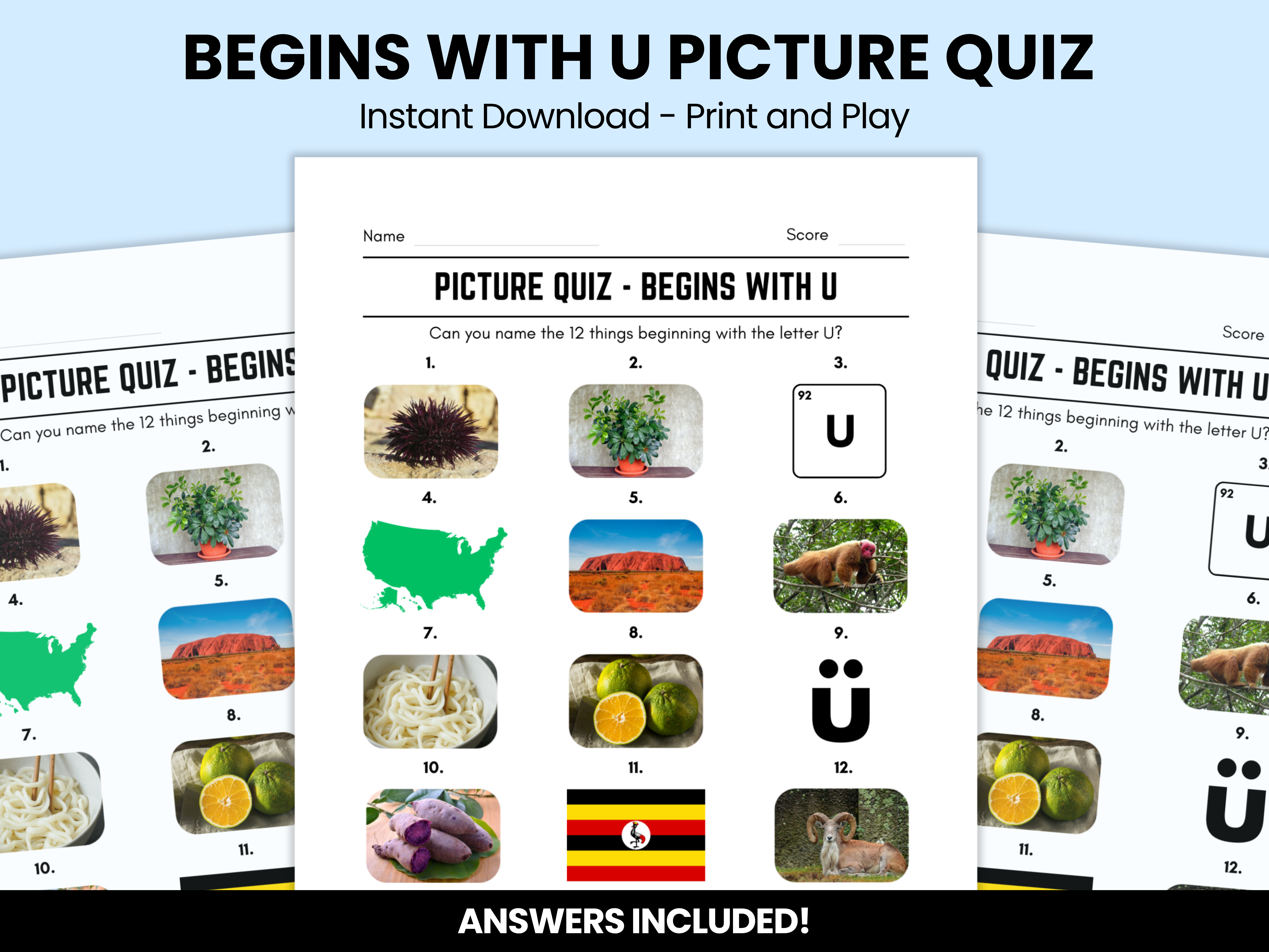 Begins With U Picture Quiz With Answers – Instant Download