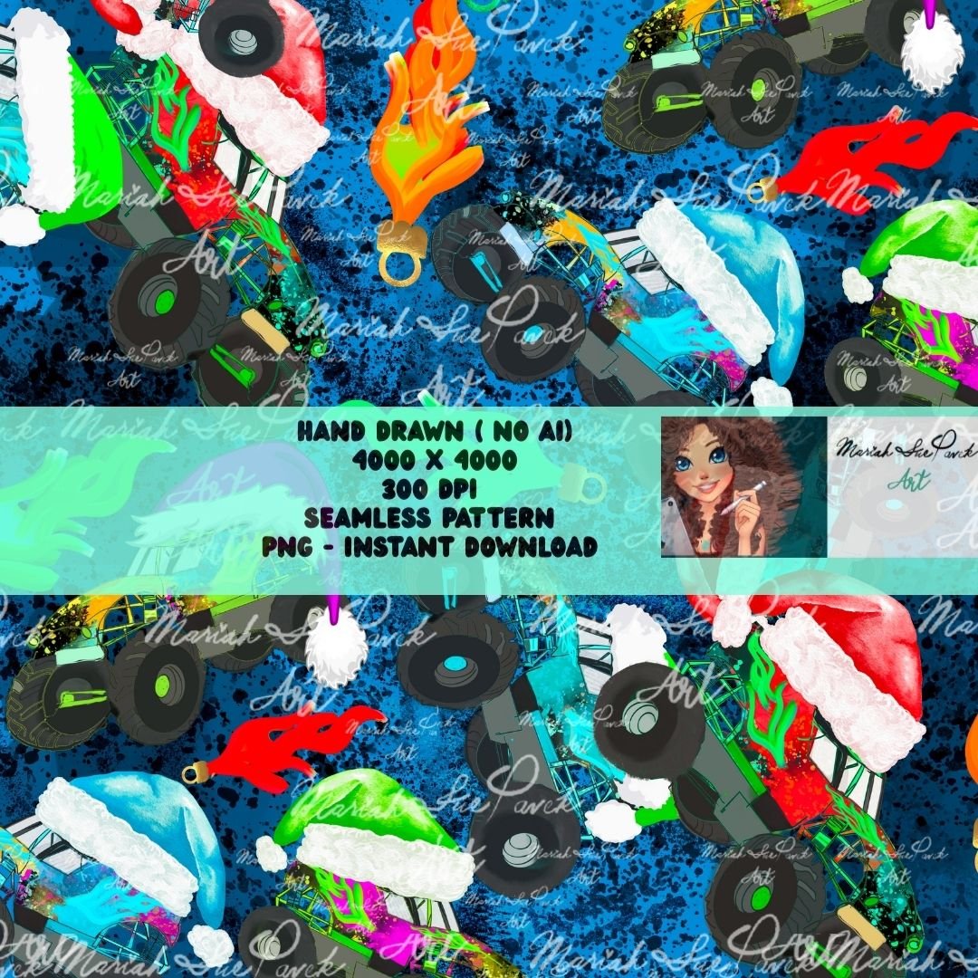 Festive Christmas Monster Truck Seamless Patterns Blues - Payhip