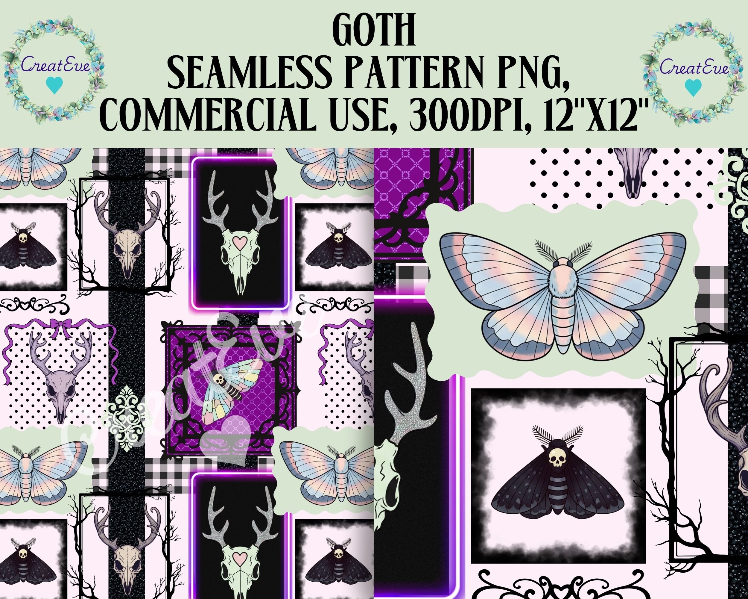 Goth Moth & Antler Deer Skull Pastel Seamless Pattern, Commercial Use ...