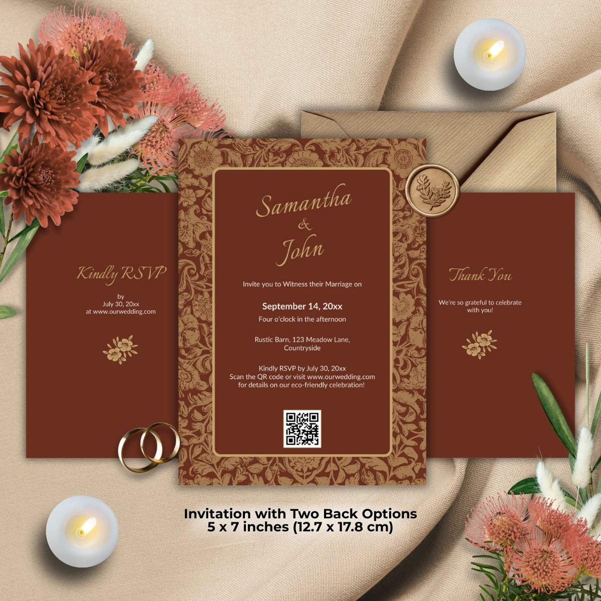 Auburn Grace Wedding Invitation Bundle – 3 Boho Rustic Styles with Optional Backs (RSVP TY)