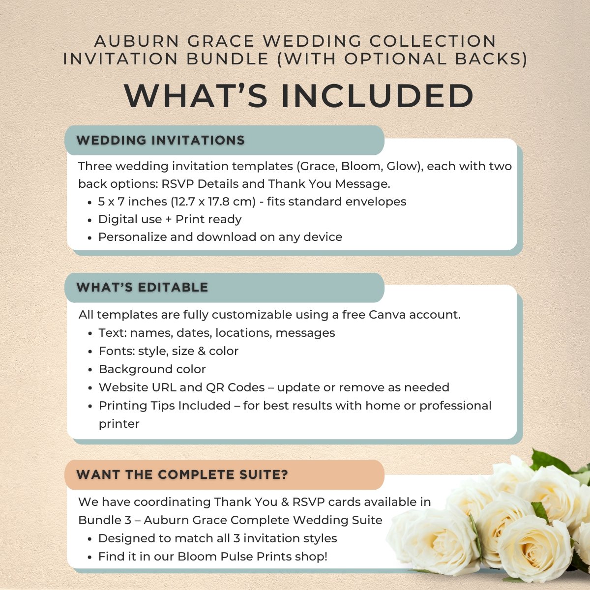 Auburn Grace Wedding Invitation Bundle – 3 Boho Rustic Styles with Optional Backs (RSVP TY)