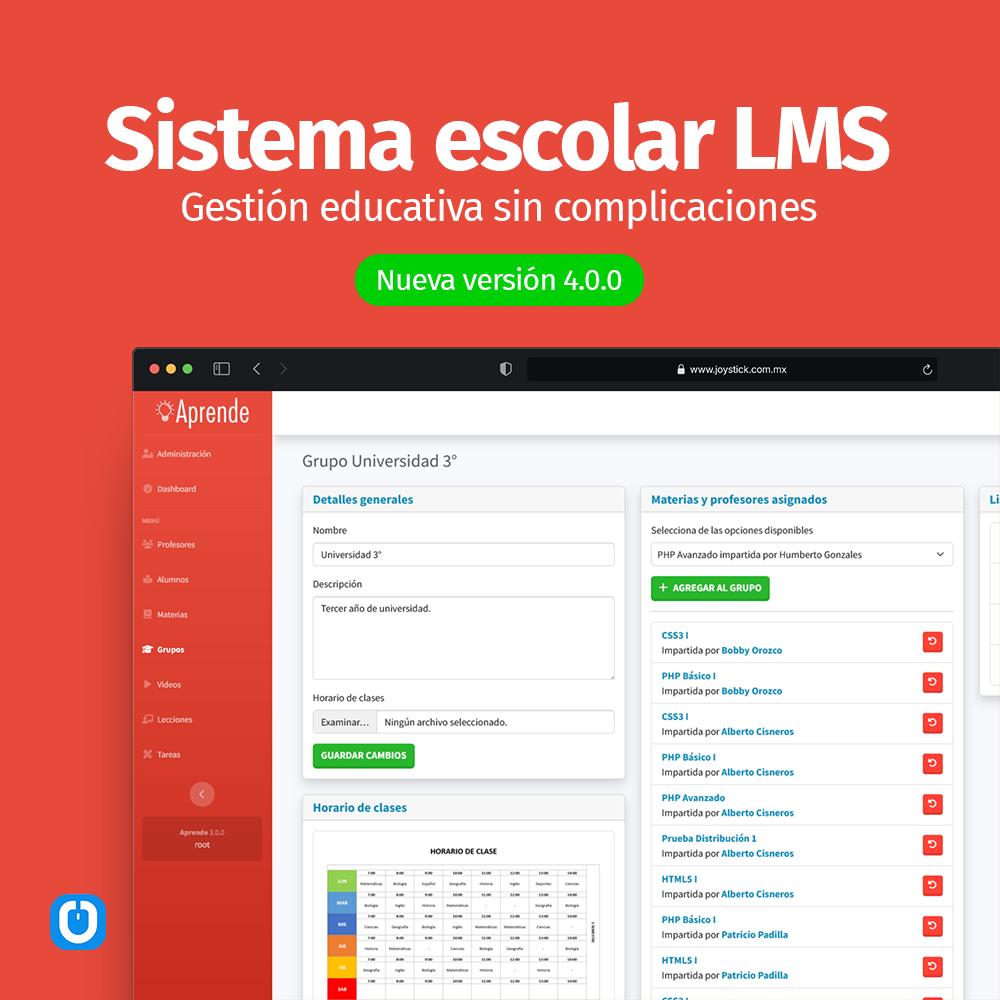 Pre-venta Sistema Escolar LMS | PHP Javascript Bee framework