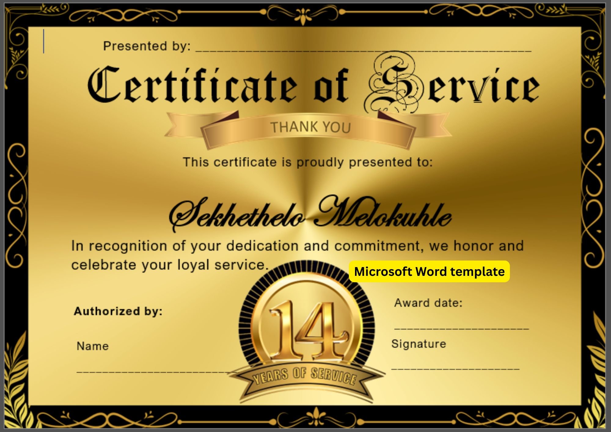 14 years of service | Editable Microsoft word certificate template ...
