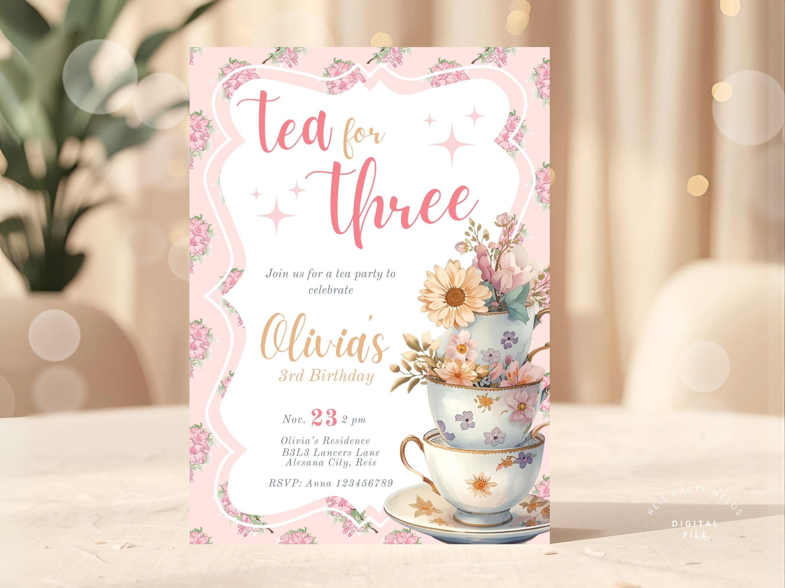 Tea for Three Birthday Invitation, Whimsical Tea party 3rd birthday ...