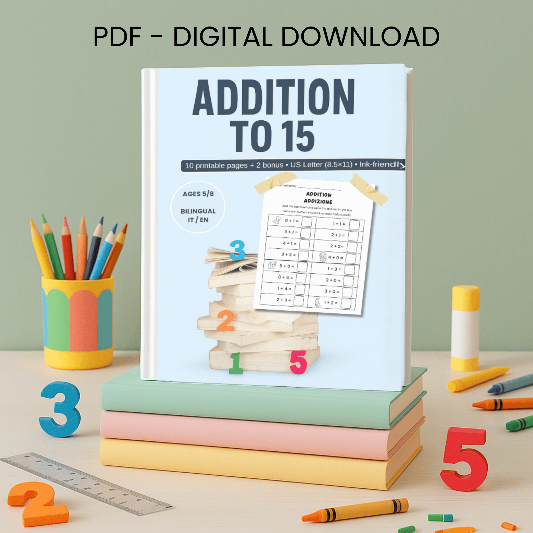 Addition Fact Fluency Worksheets 1–15 (Bilingual EN/IT) – 10 Drills 2 ...
