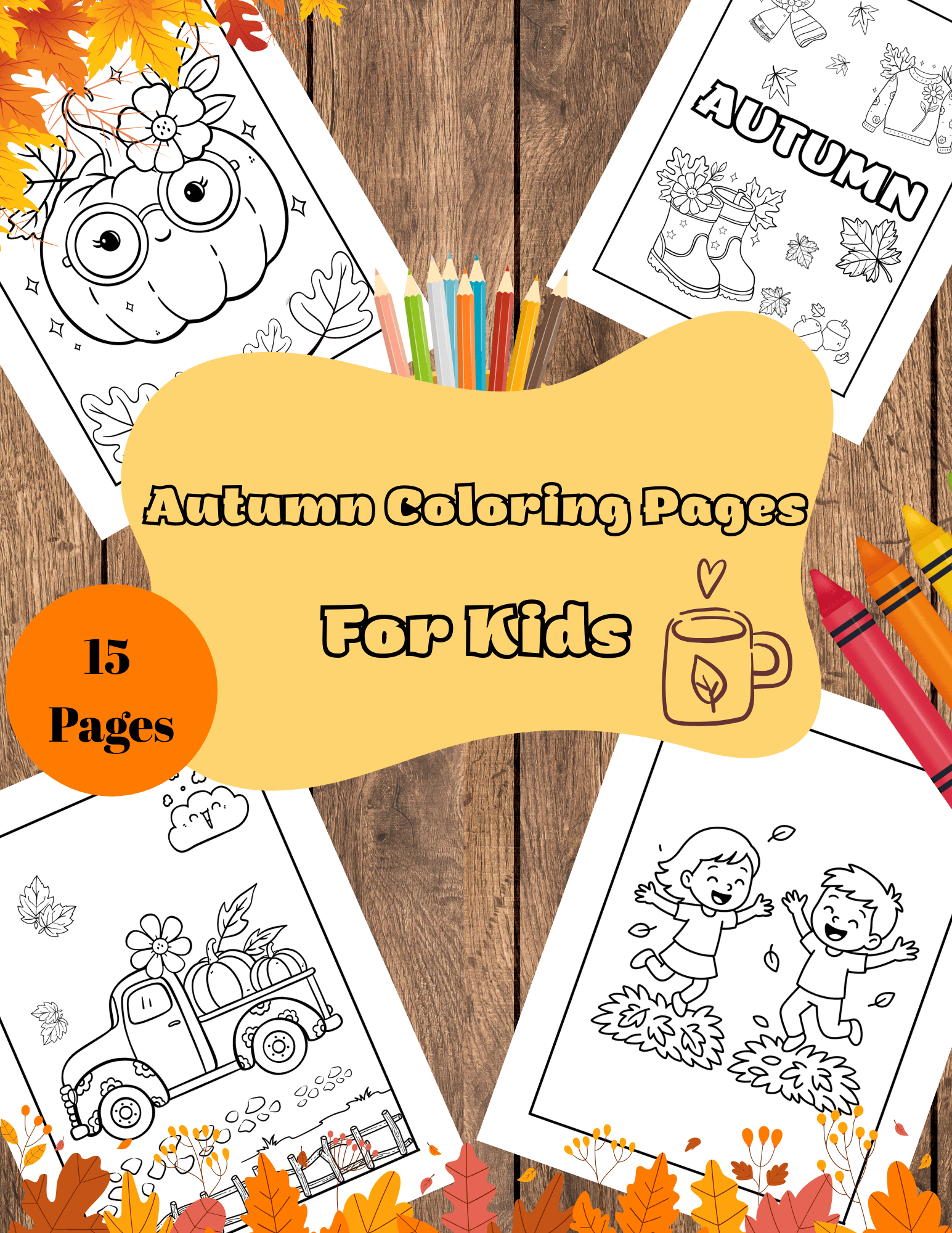 15 Pages - Printable Autumn Themed Coloring Pages for Kids - Payhip