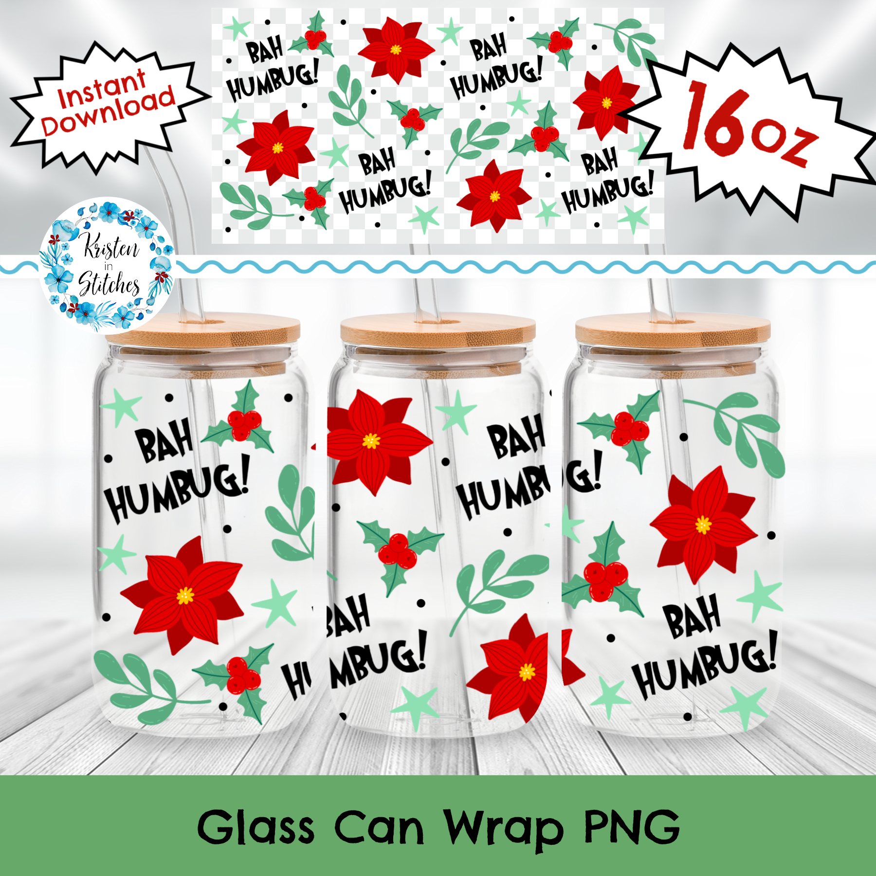 Bah Humbug 16 oz Glass Can Wrap Transparent PNG, Sarcastic Christmas ...