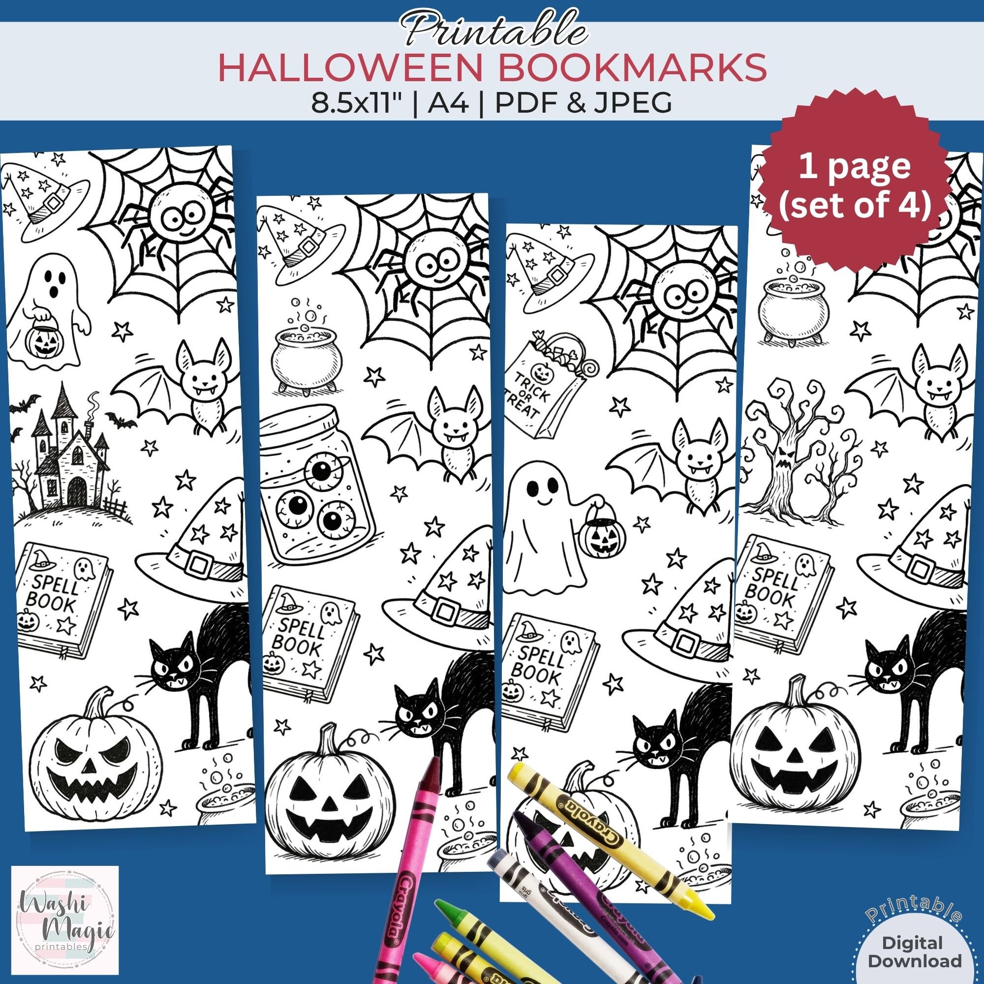 Halloween Coloring Bookmarks Printable Set of 4: Fun Black Cat Pumpkin ...