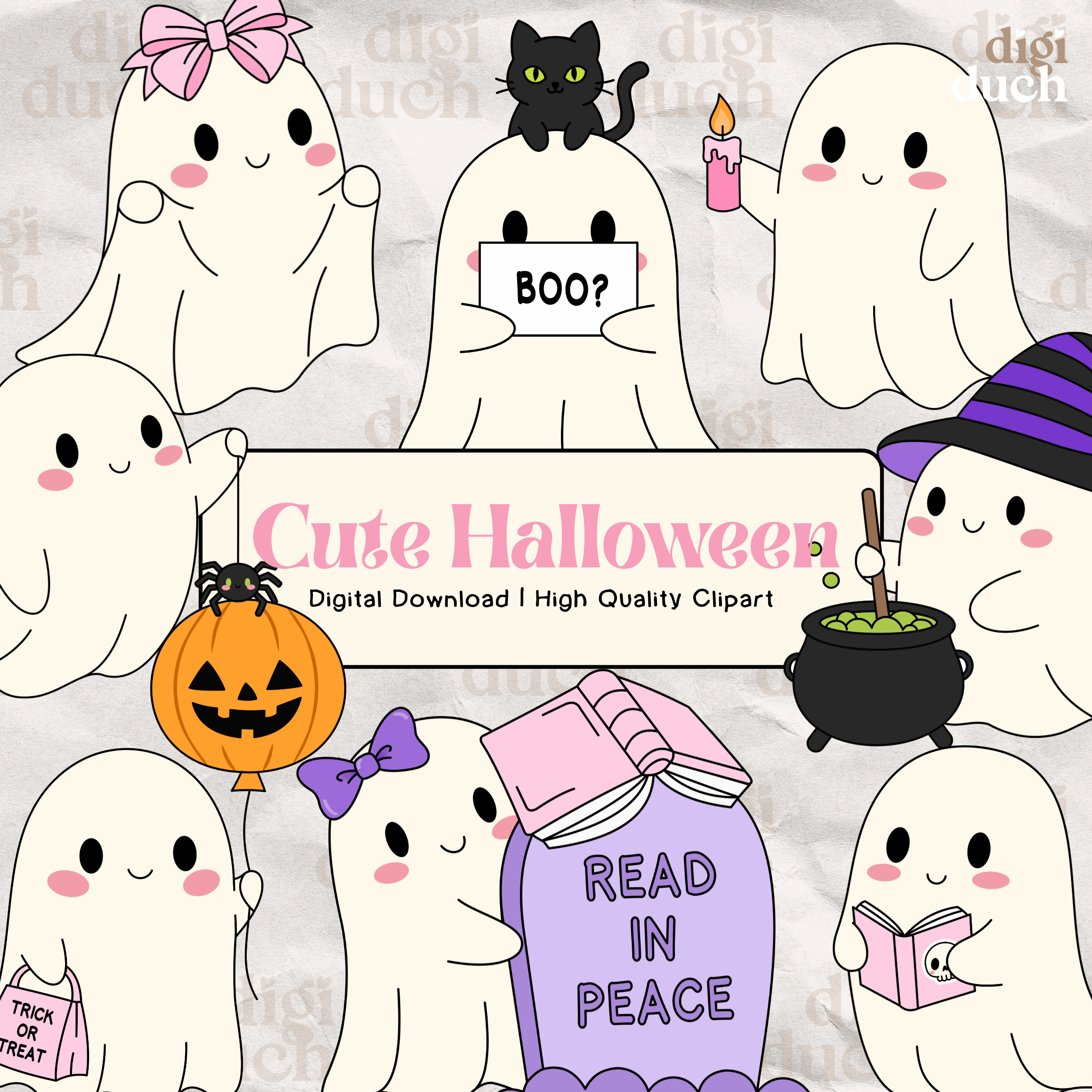 Cutee Halloween, Cute Ghost PNG, Halloween Doodle Bundle PNG ...