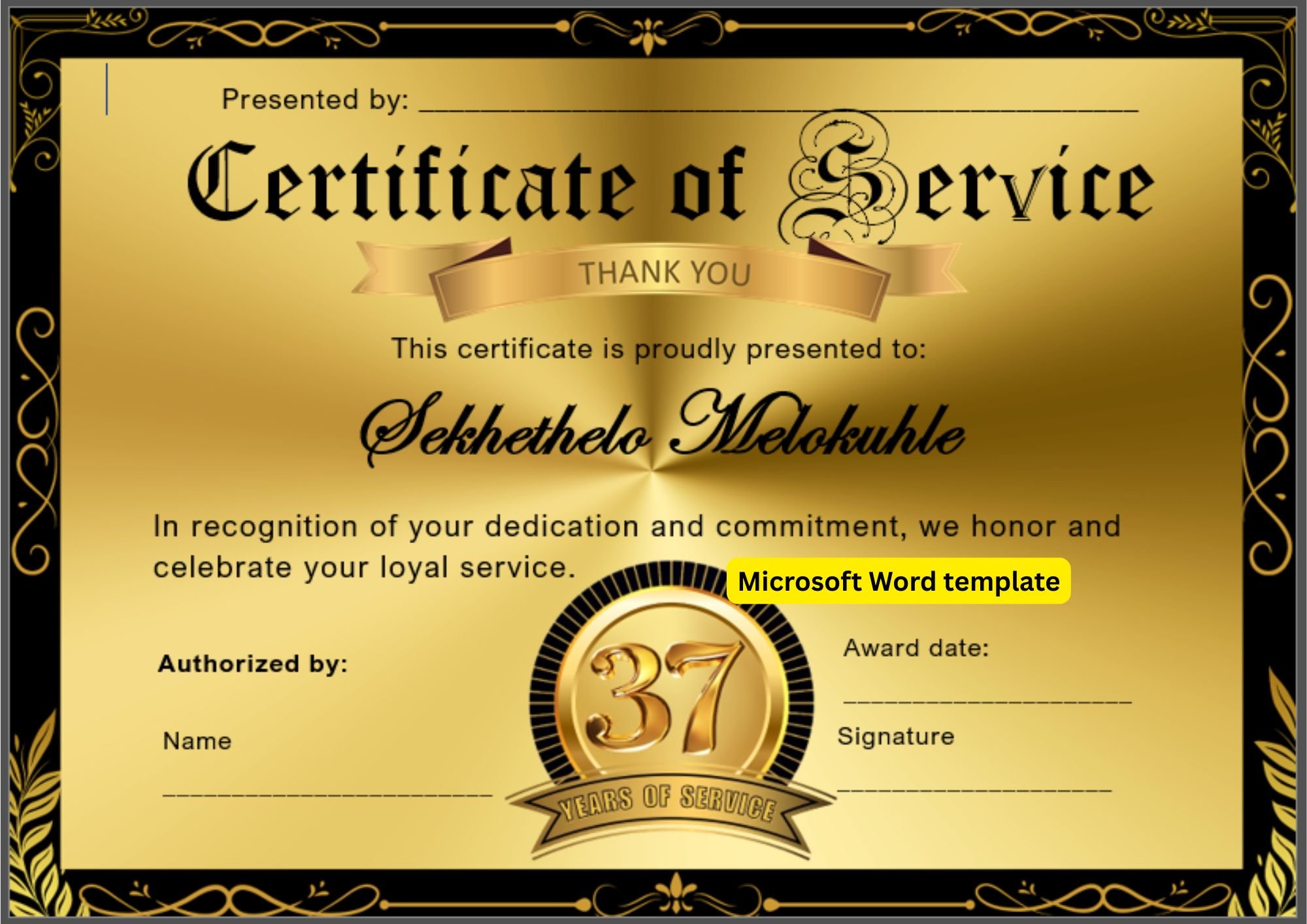 37 years of service | Editable Microsoft word certificate template ...