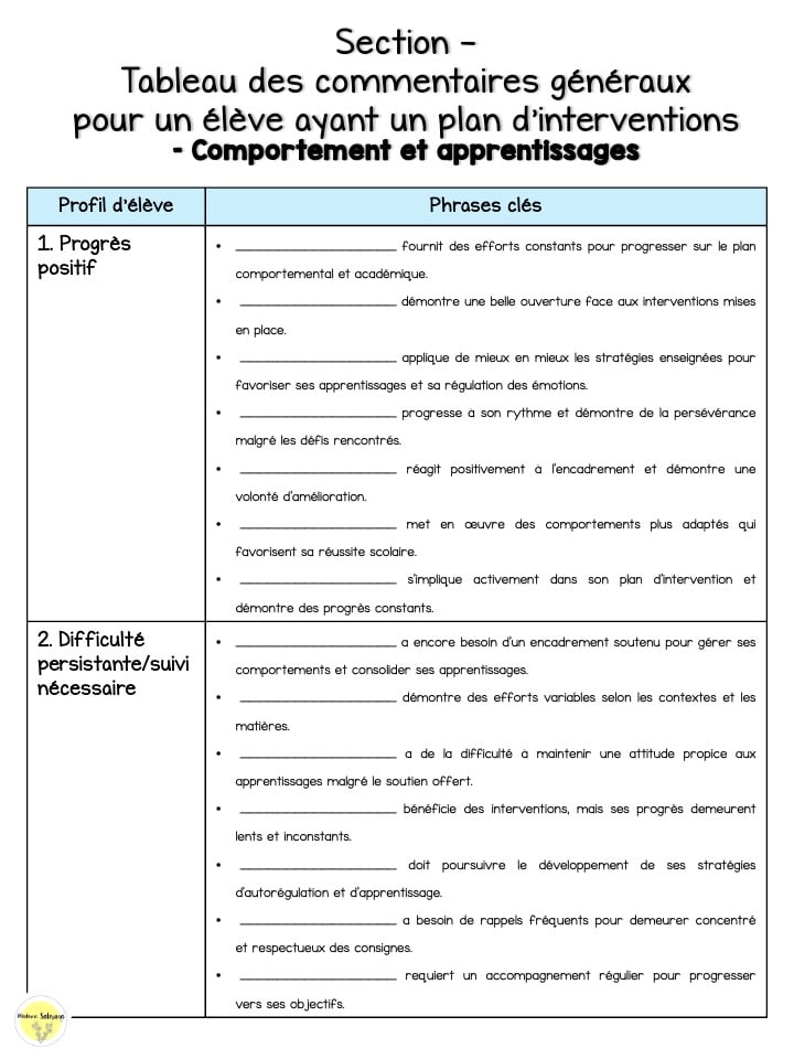 Outil pour les commentaires au bulletin (primaire) - Payhip
