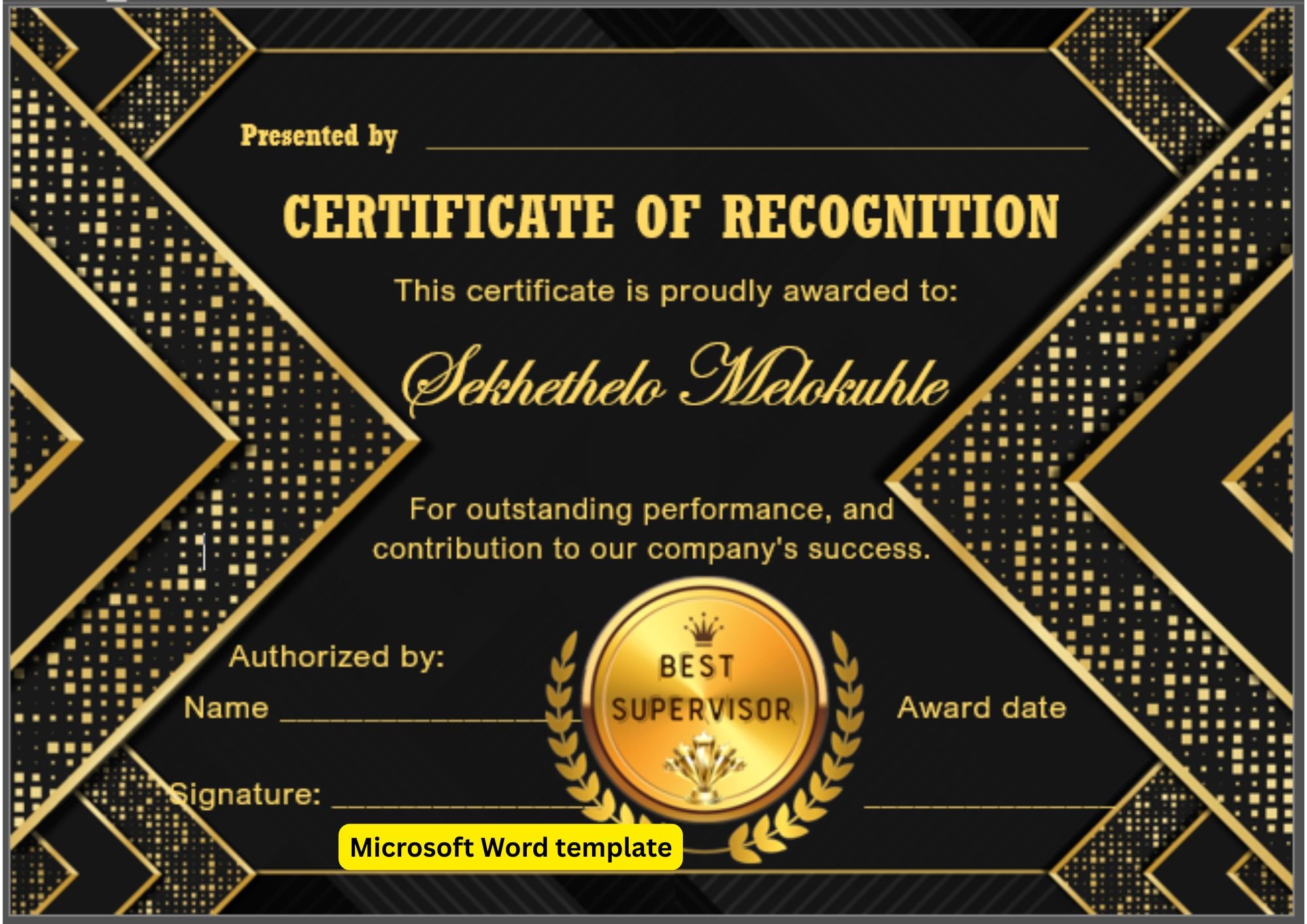 Best Supervisor Certificate Template (Editable Word File) Black & Gold ...