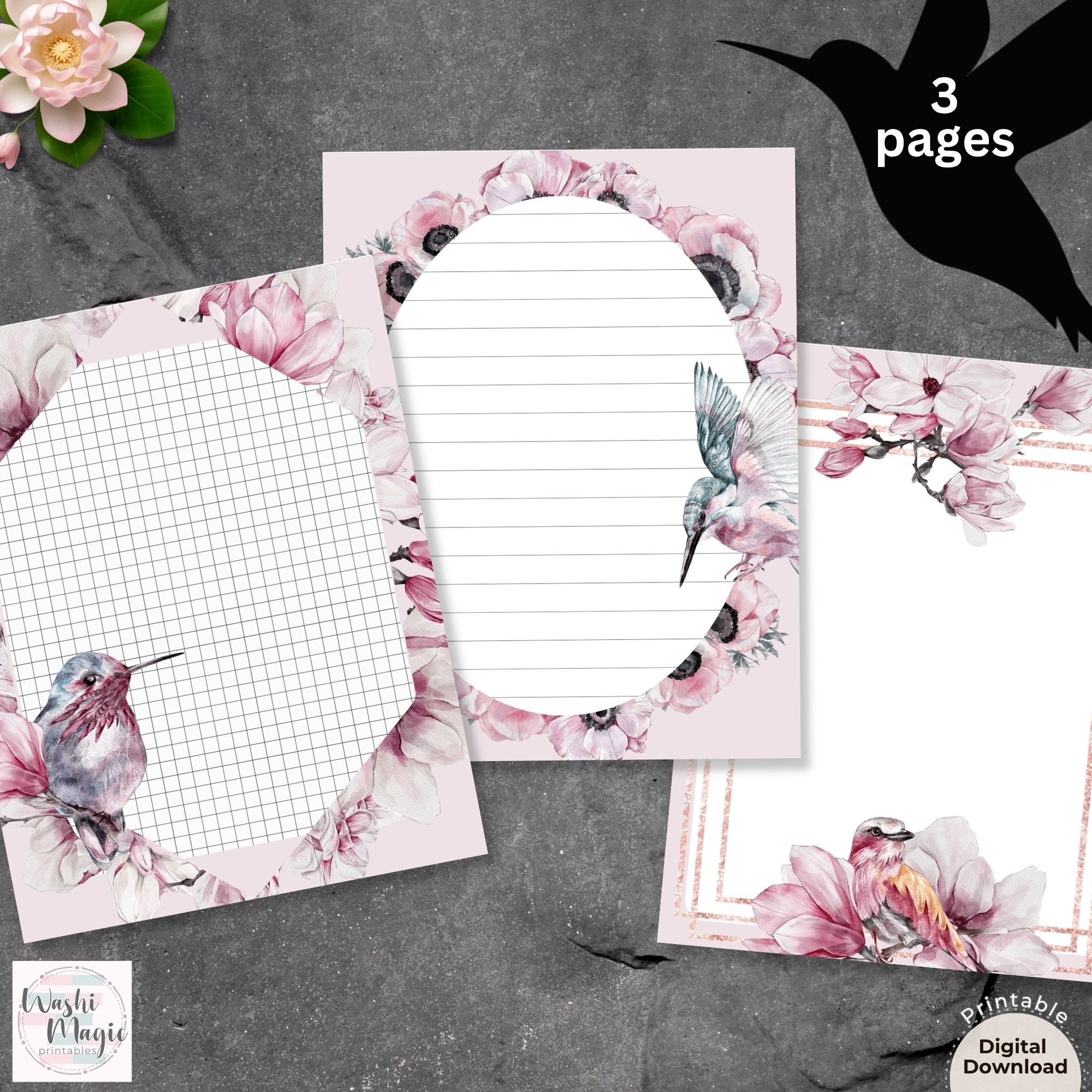 Birds Pink Floral Printable Stationery: Lined, Unlined, Grid Writing ...