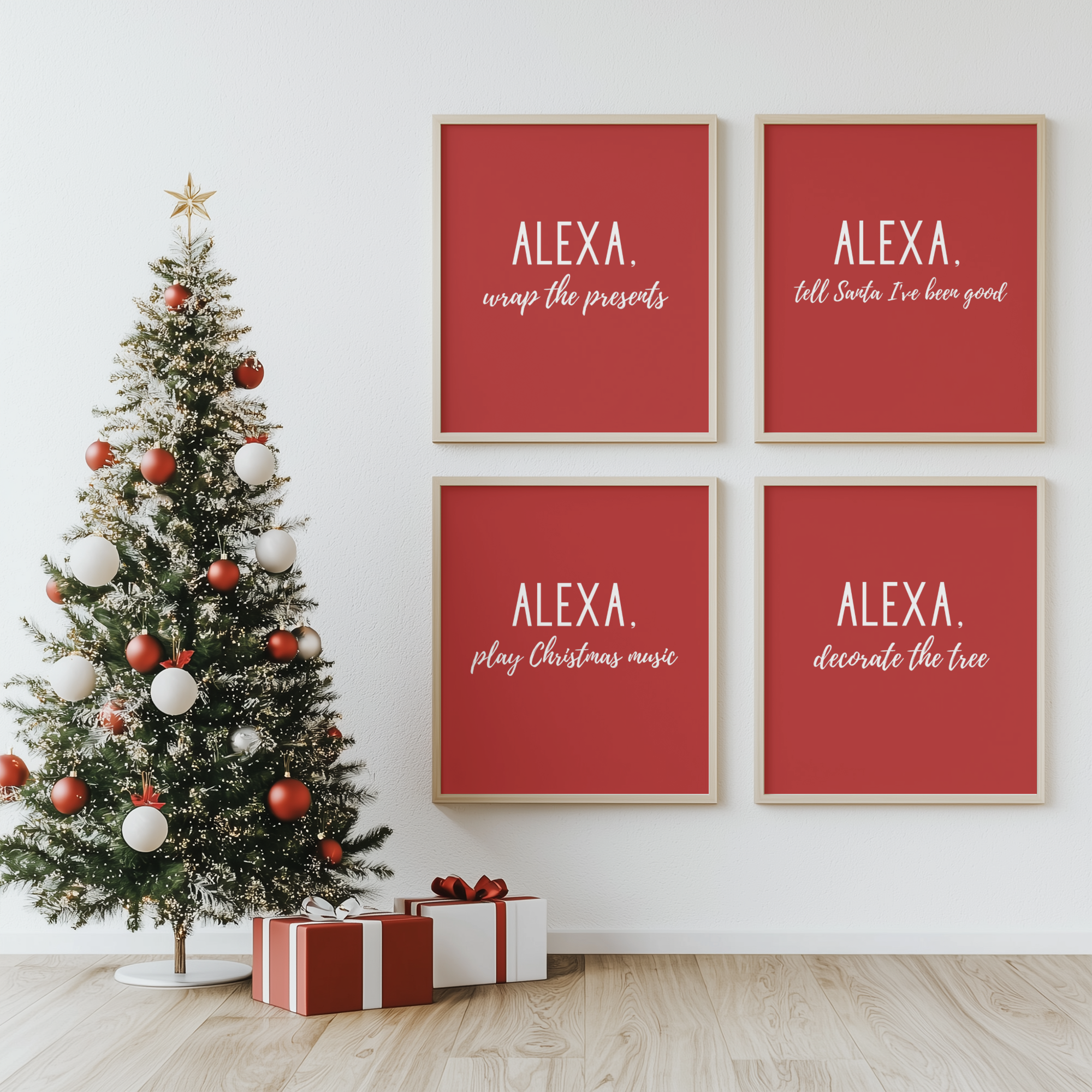 Alexa Christmas Wall Art Set, Funny Holiday Bundle, Red Minimalist ...