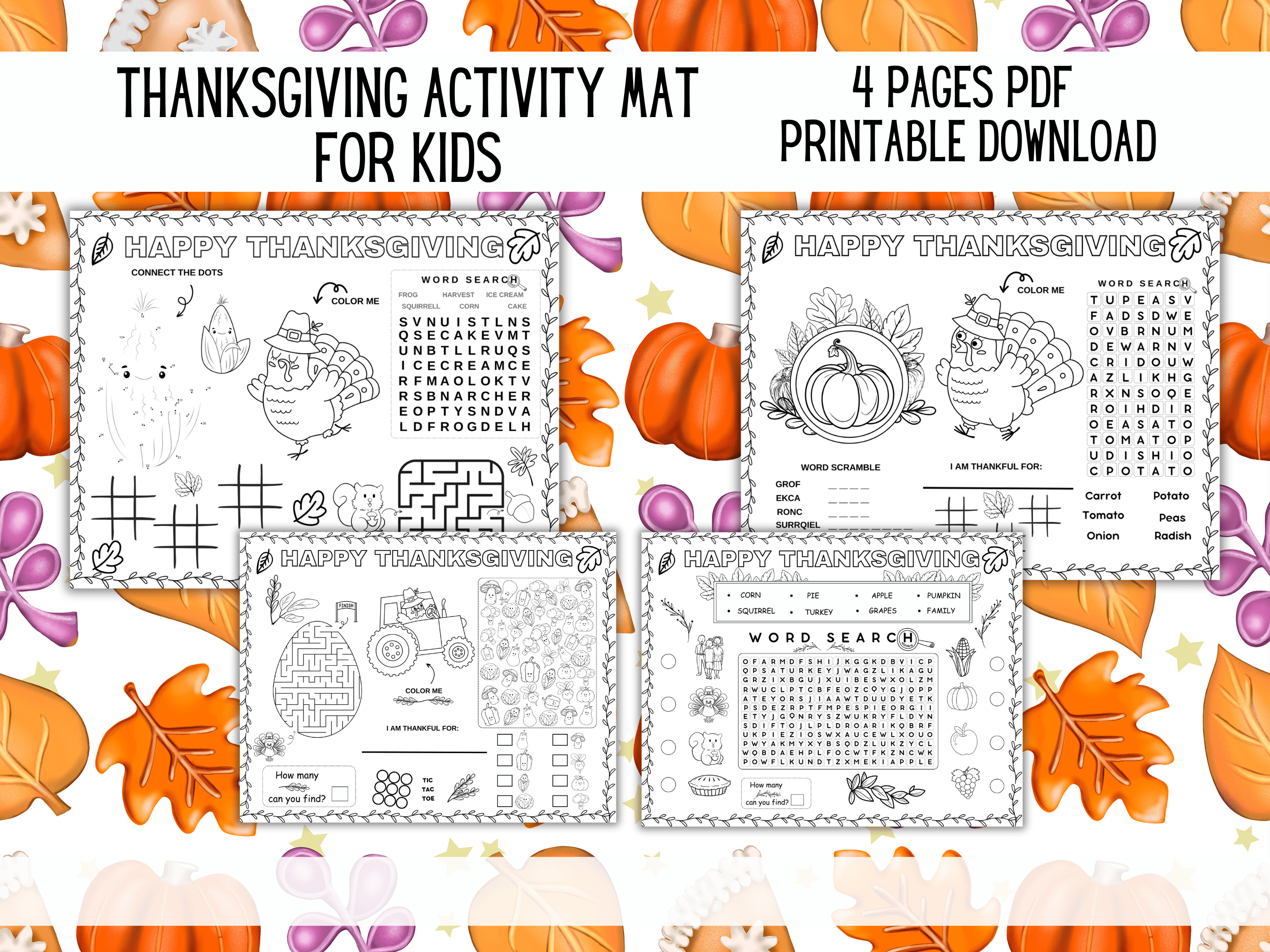 Thanksgiving Activity Mats for Kids - 4 pages - Payhip