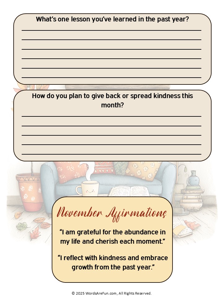 November Journal Prompts Printable | 5 Prompts, Affirmations & Calendar PDF