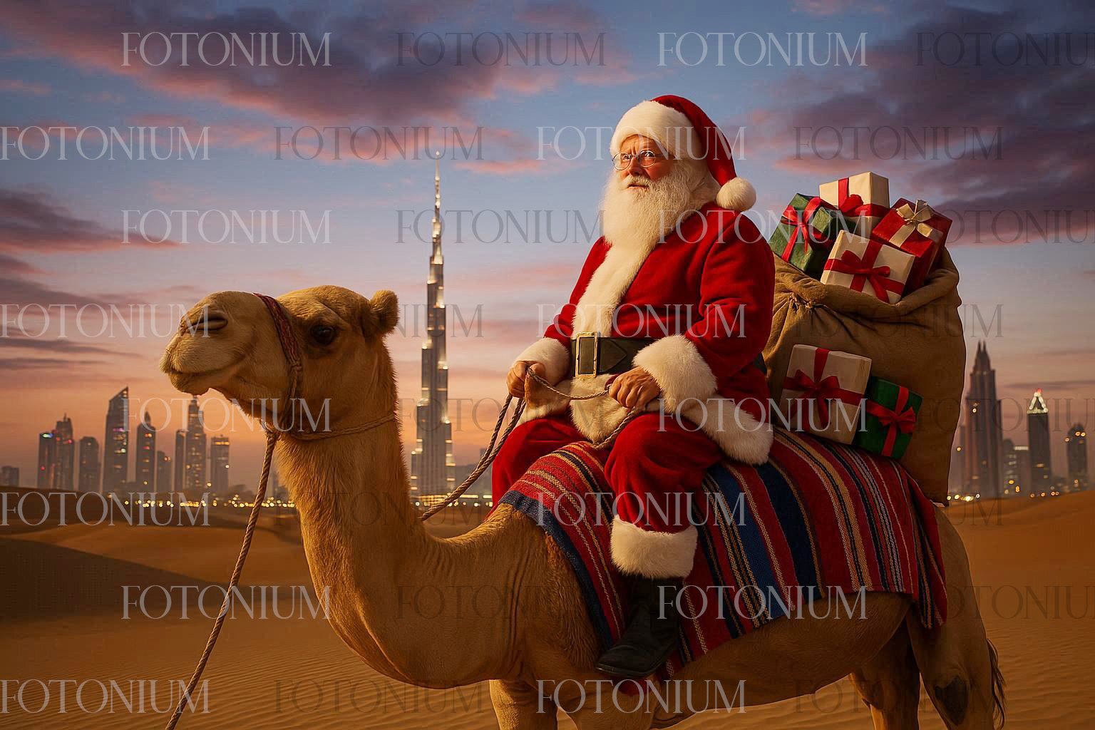 Santa Claus Riding a Camel in Dubai Desert with Burj Khalifa Skyline
