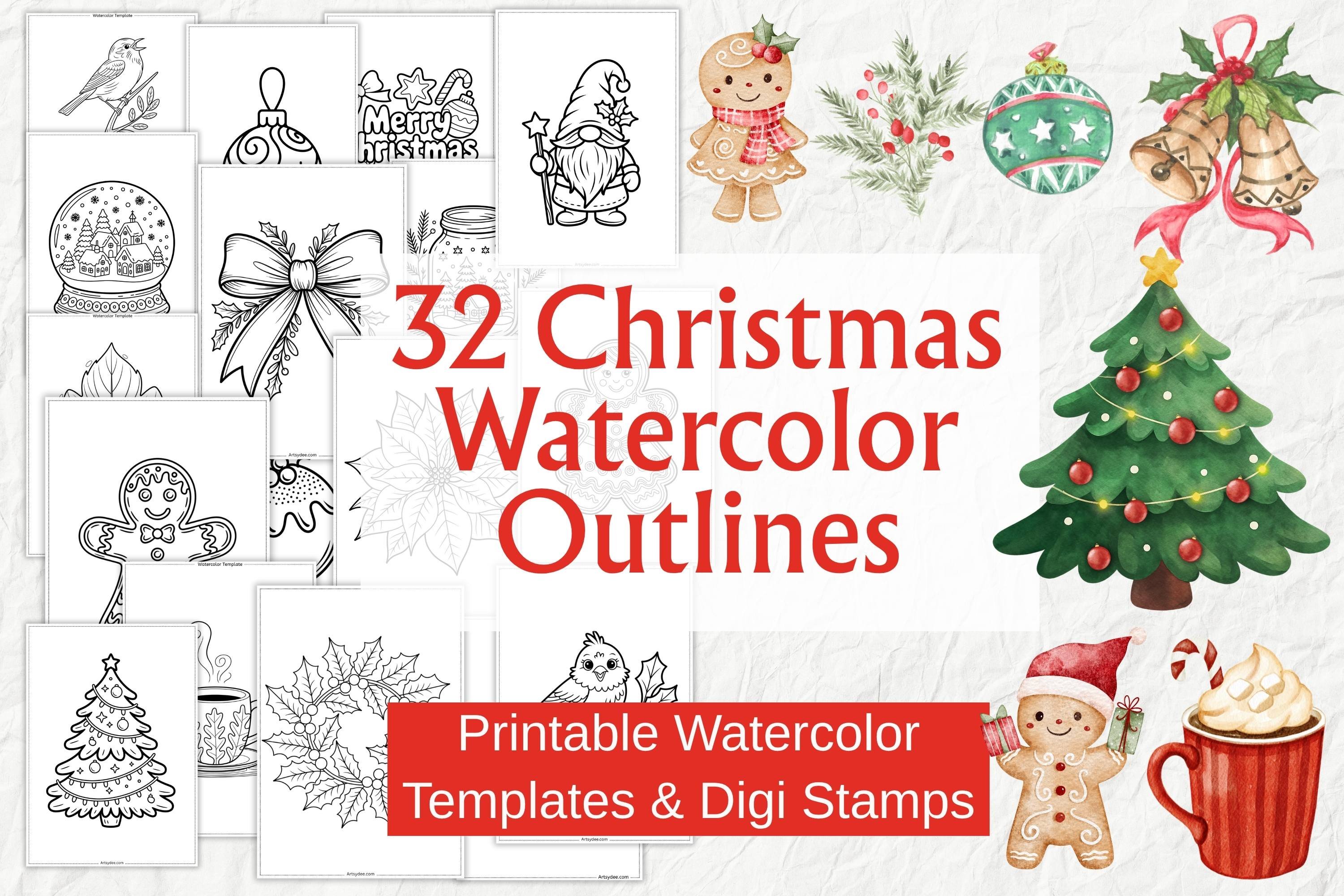 🎨 32 Christmas Watercolor Outlines – Printable Templates & Digi Stamps ...