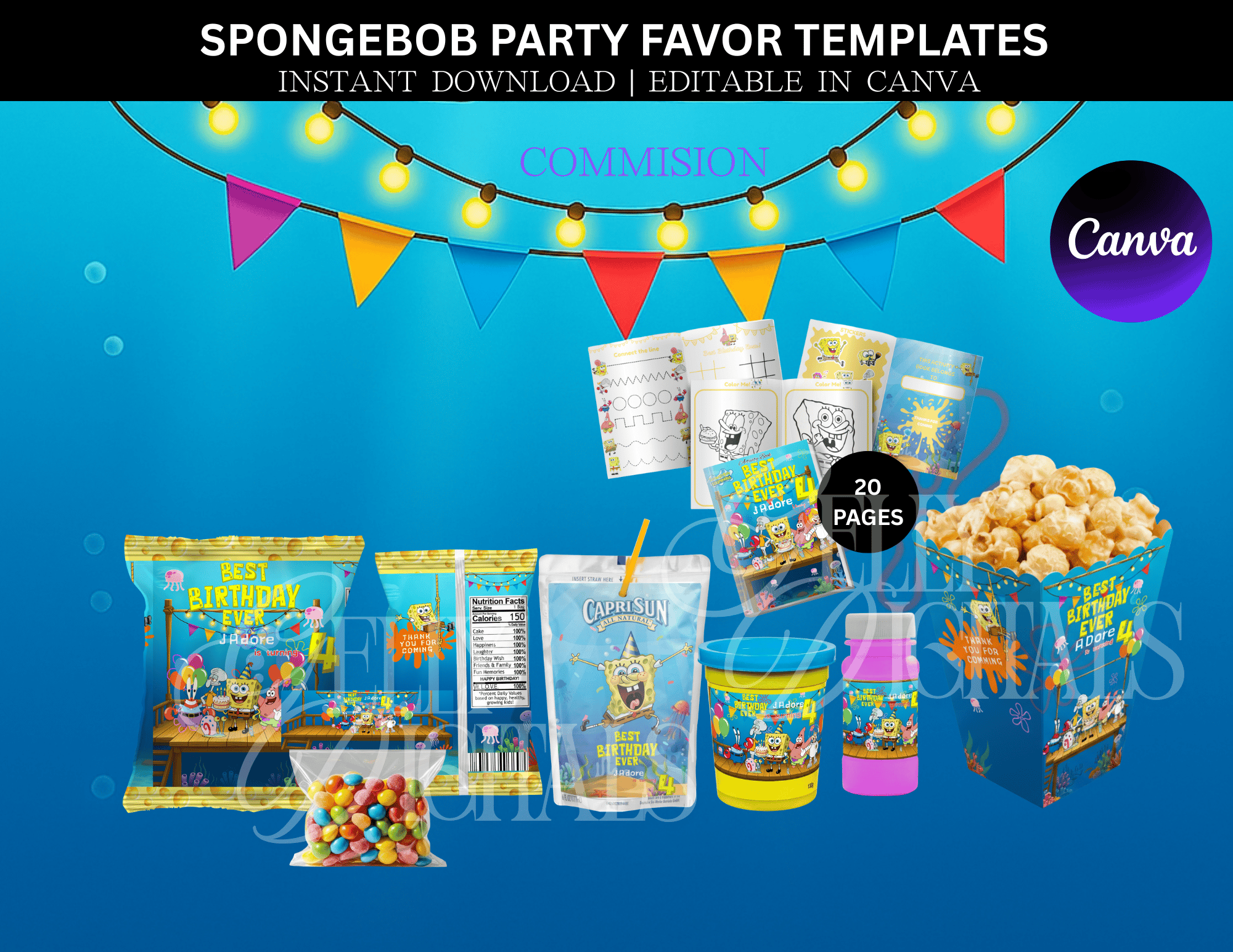 SpongeBob Party Favor Bundle Templates with Drag and Drop - Payhip